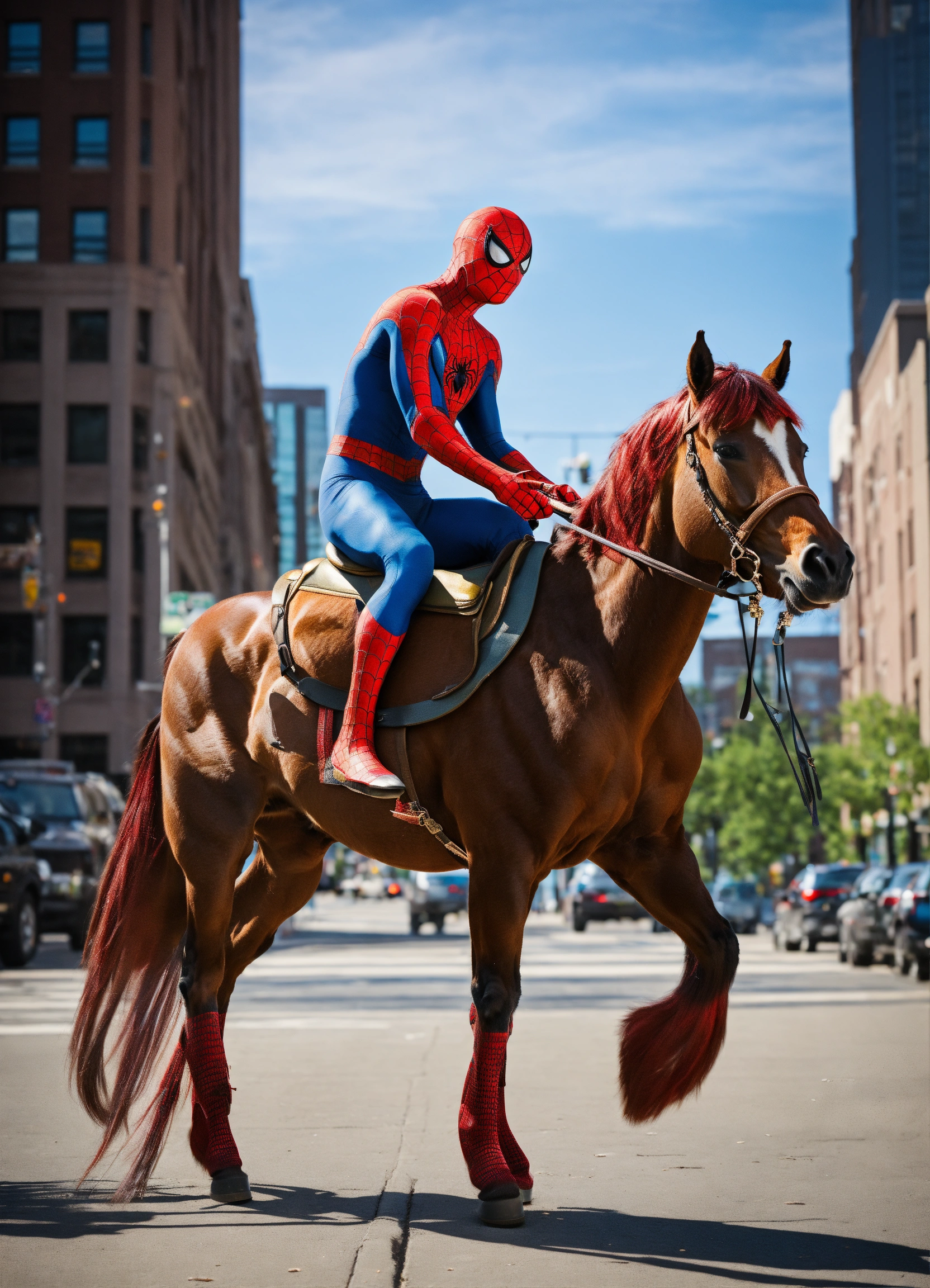 Lexica - Spider man riding a pony to work. downtown. realistic. funny.