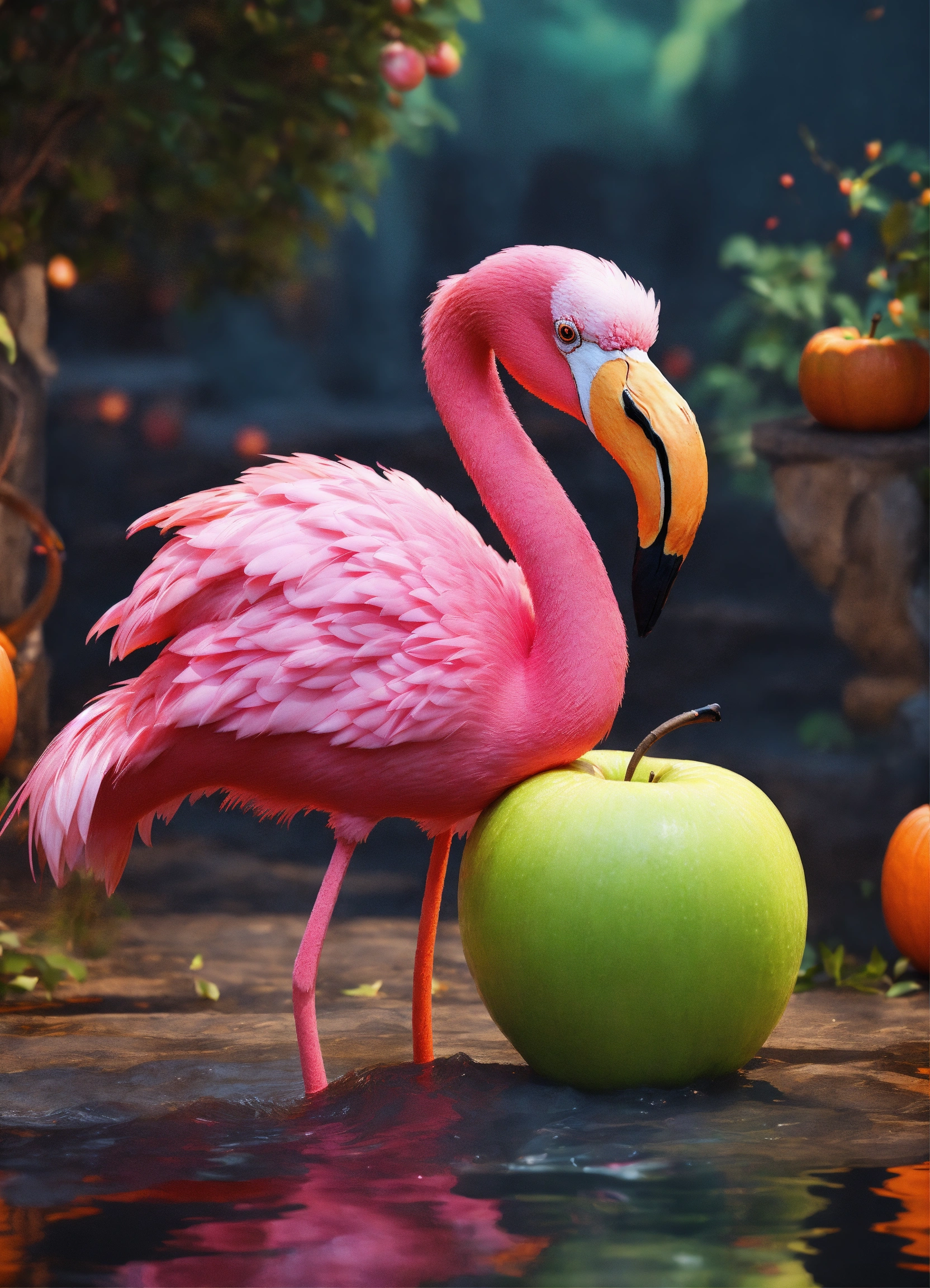 Lexica - A ‘pink flamingo in a dragon costume bobbing for apples on ...