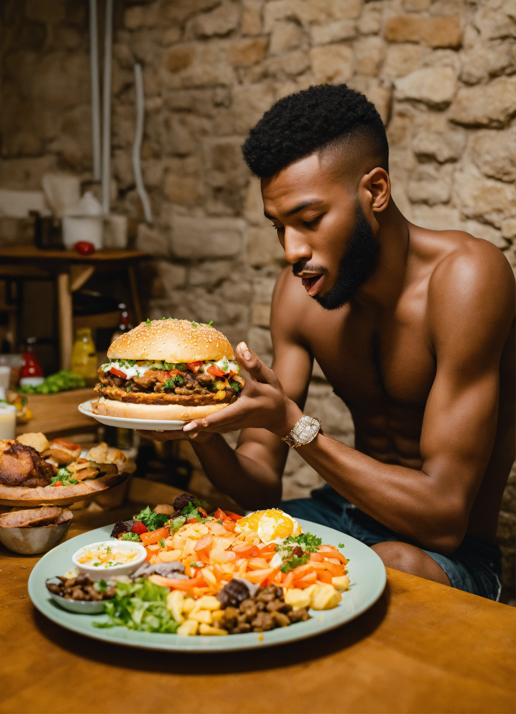 Lexica - A skinny man overindulging in food