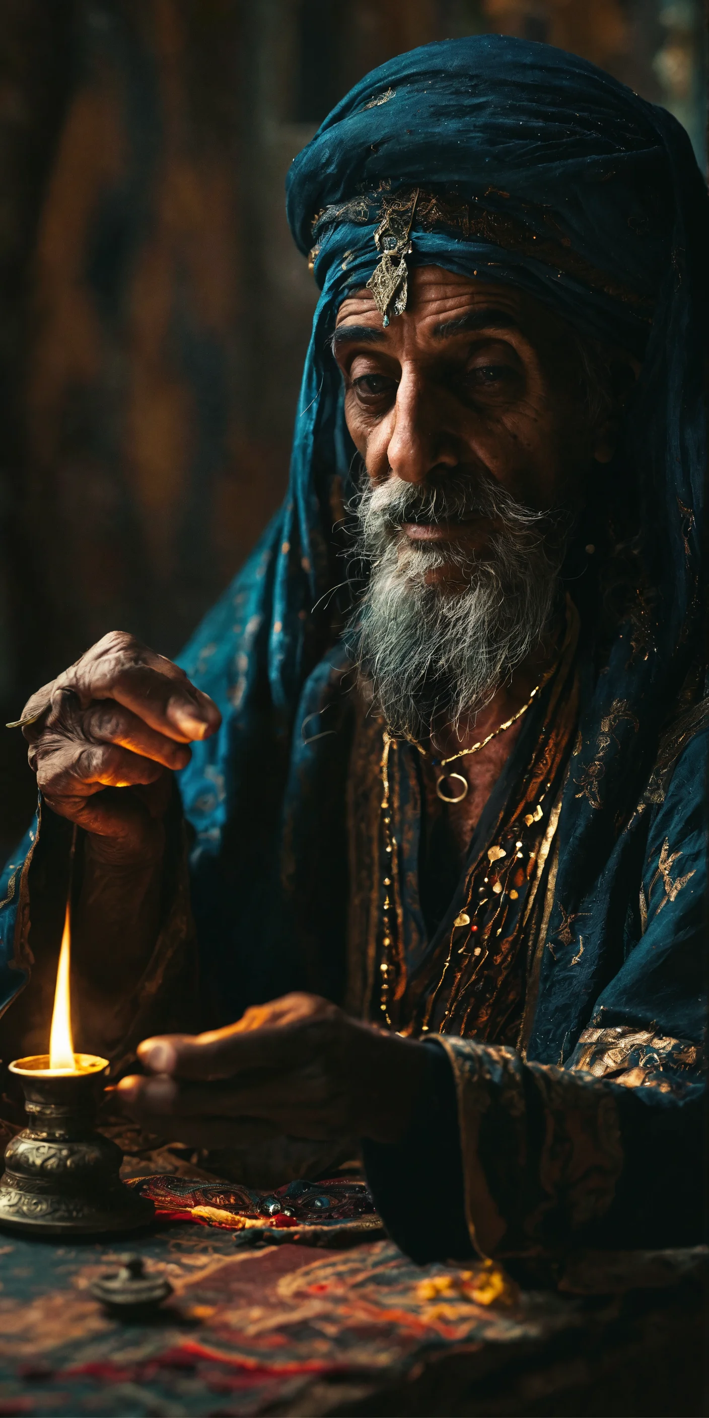 Lexica - An old Arabian magician creating a charm. Scary vibes.