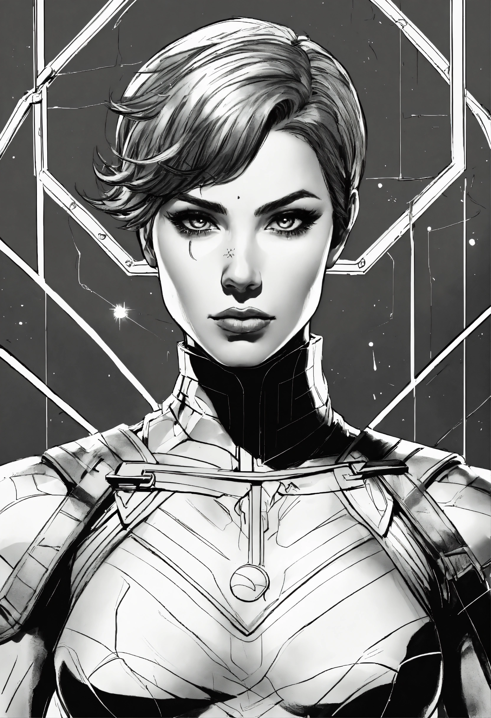 Lexica - A black and white drawing with thin black lines of a female ...