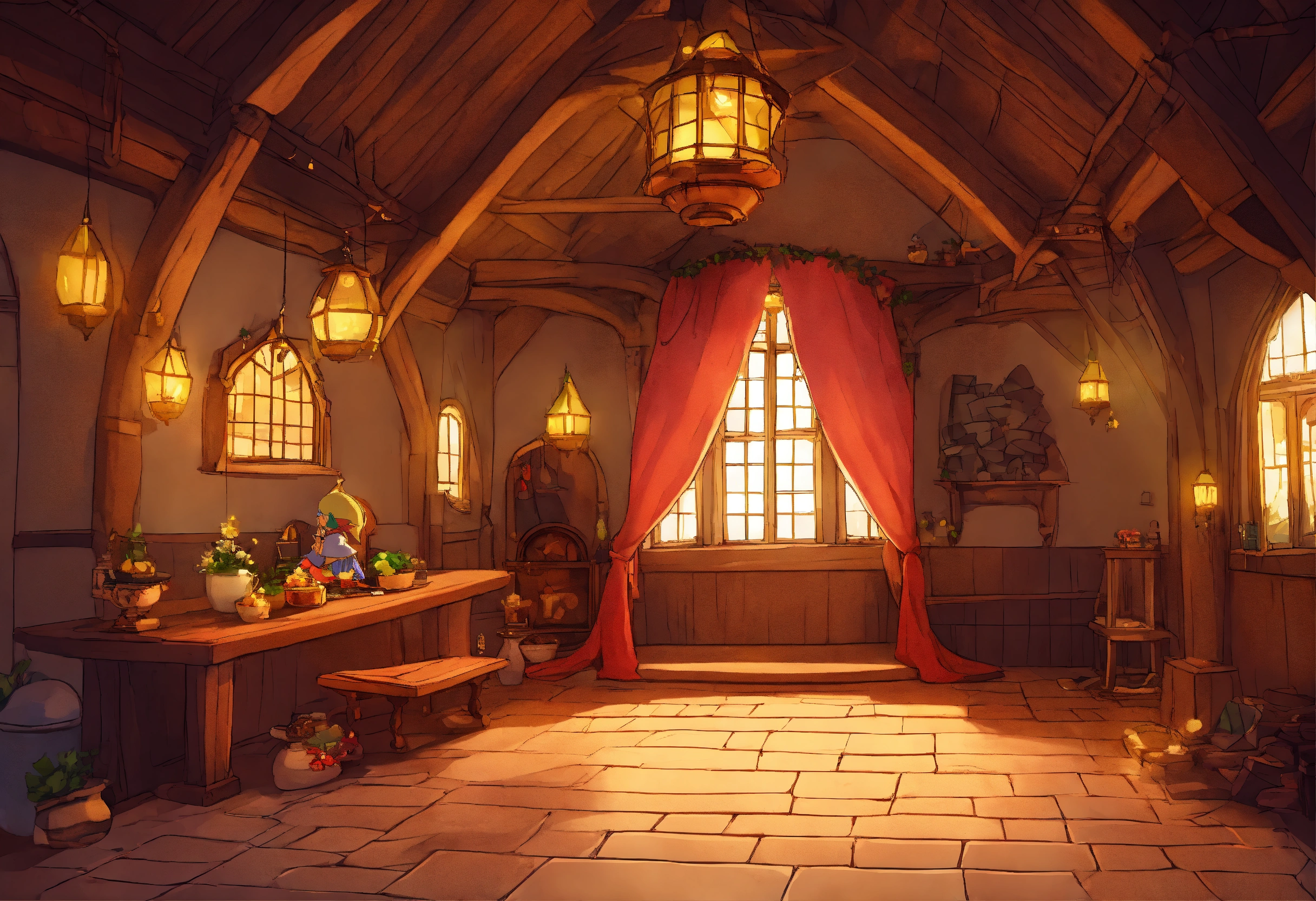 Lexica - Cartoon fairy taie style image inside witch castle hall