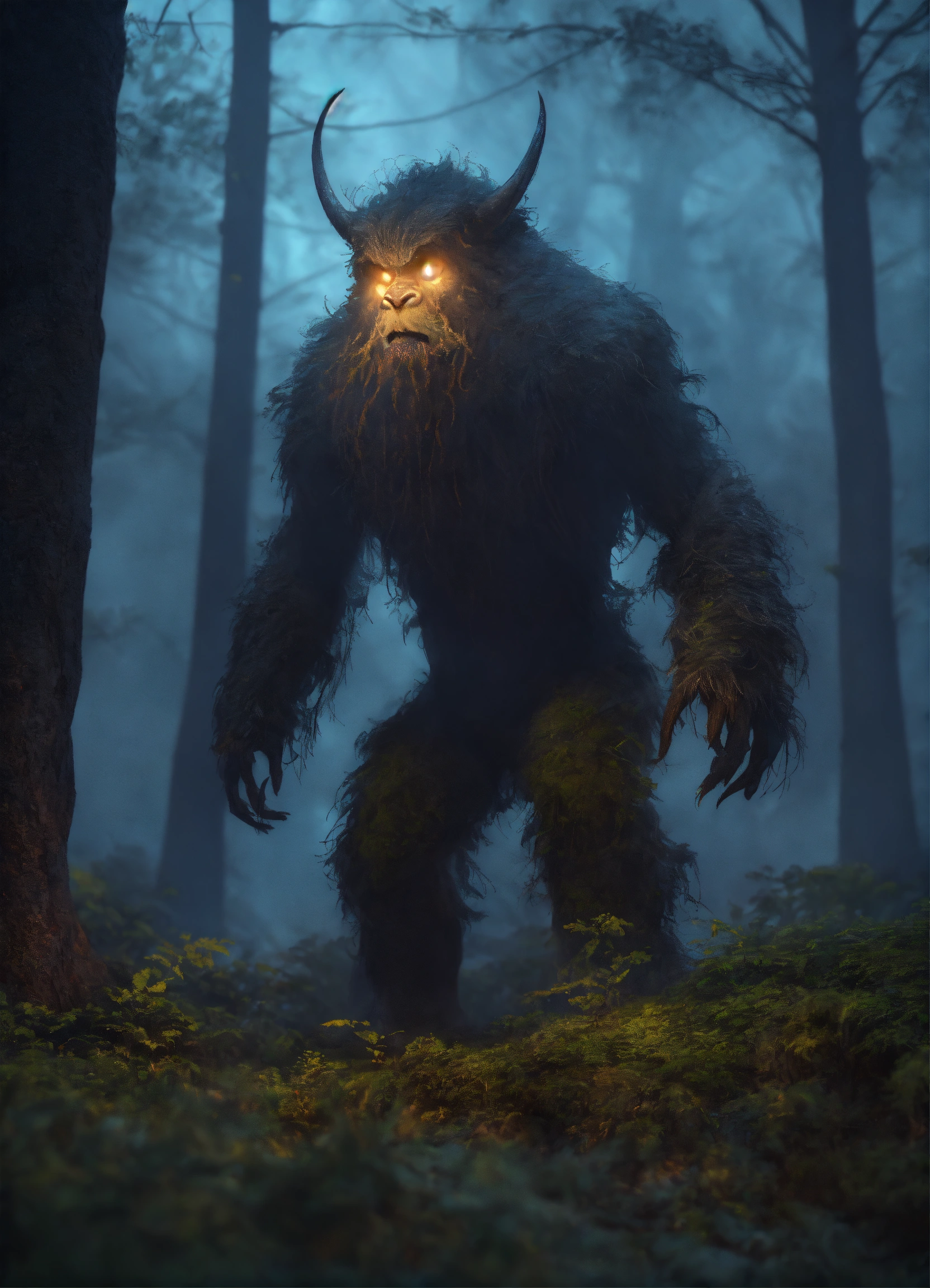 Lexica - Scary hairy humanoid monster , forest, foggy weather, night ...