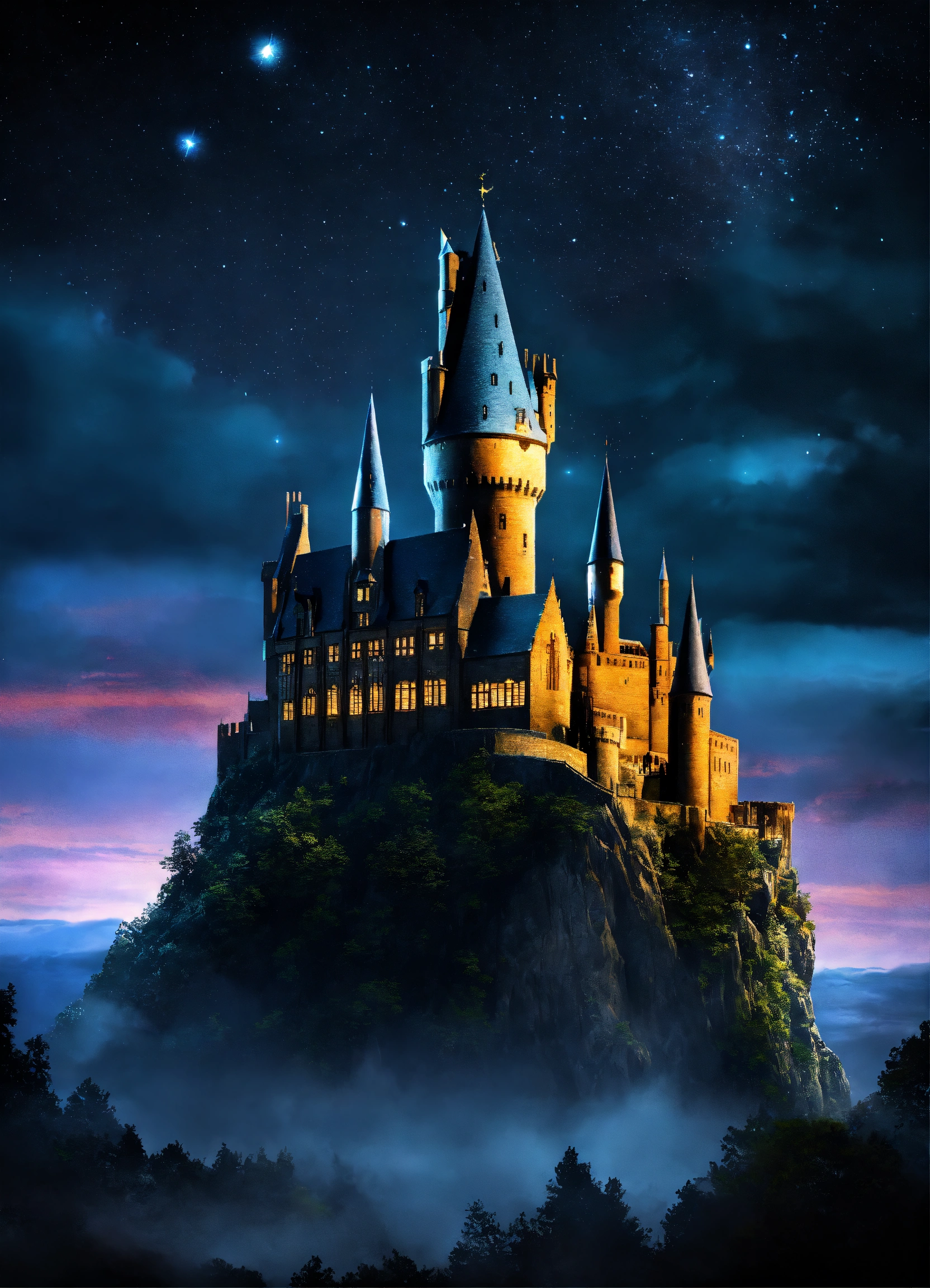 Lexica - Hogwards castle at night, in the middle of the sky a magic ...