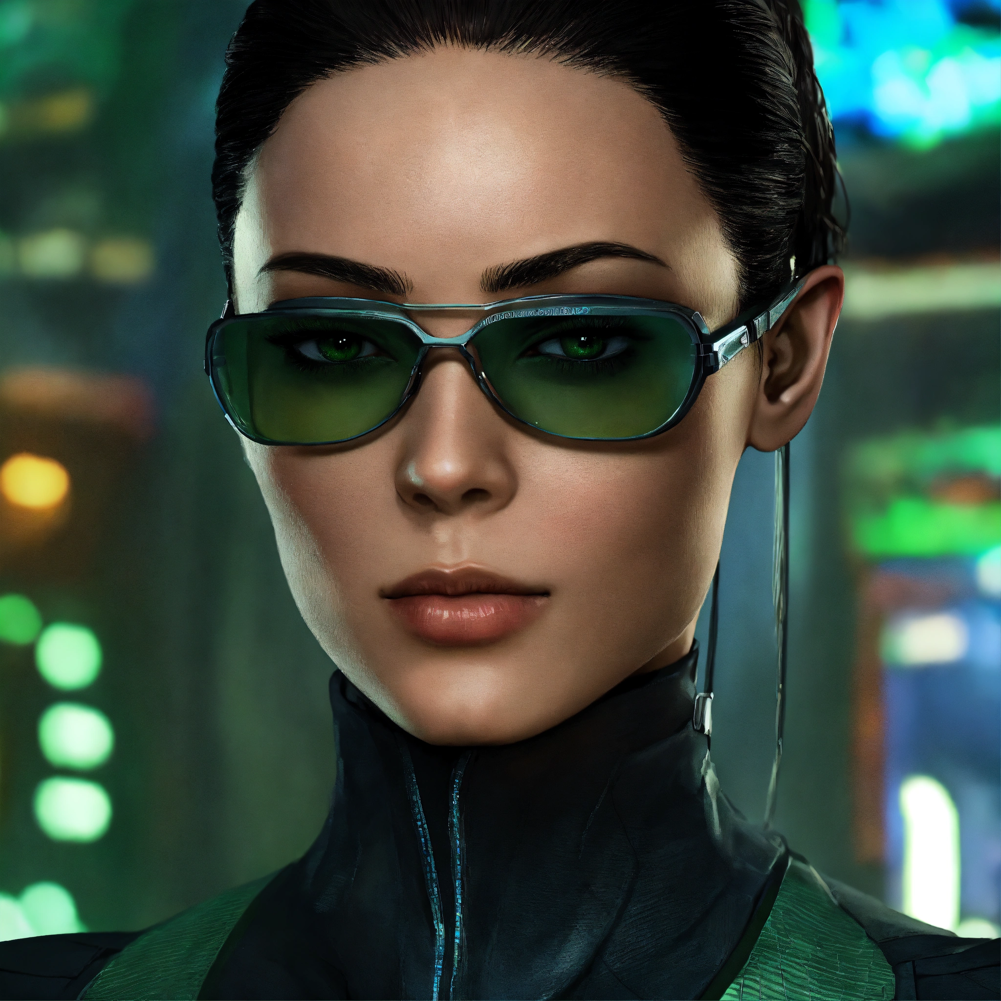 Lexica - A frontal, realistic, female avatar of Trinity from Matrix, without green, wearing ...