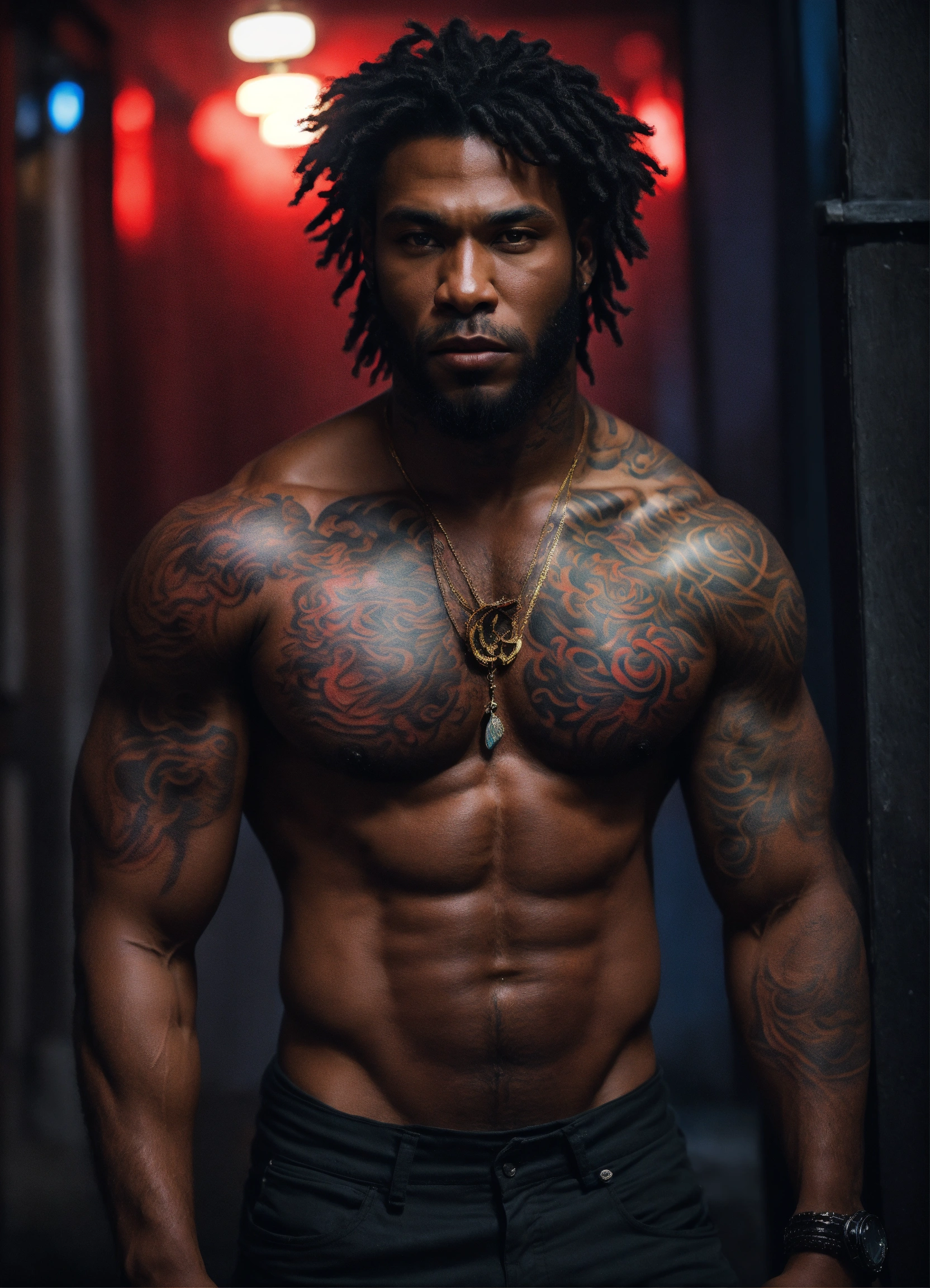 Lexica - Very handsome black man, werewolf shifter, red eyes, tattoos ...