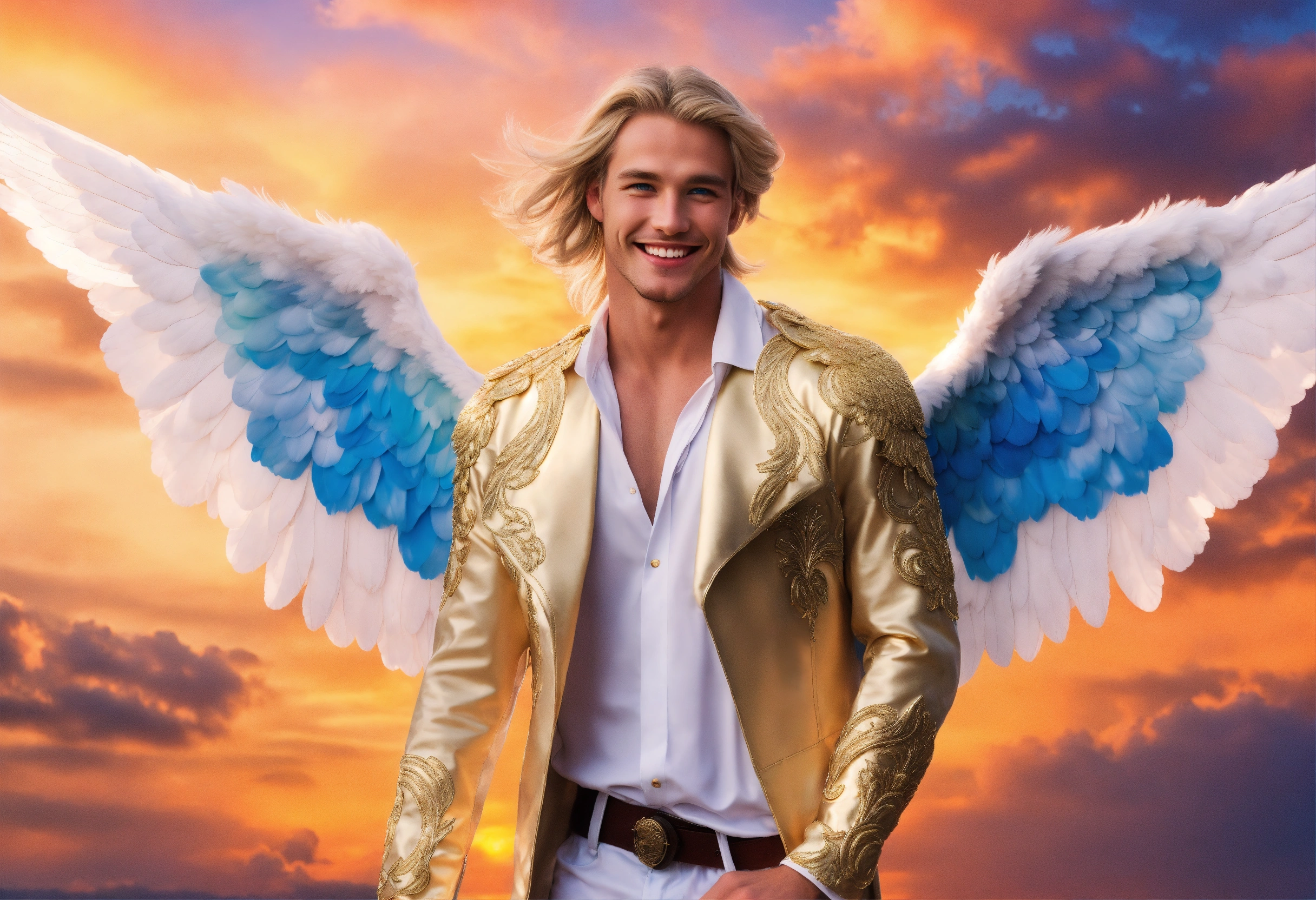 Lexica - Angel man blond blue eyes, large angel wings, fantasy clothes ...