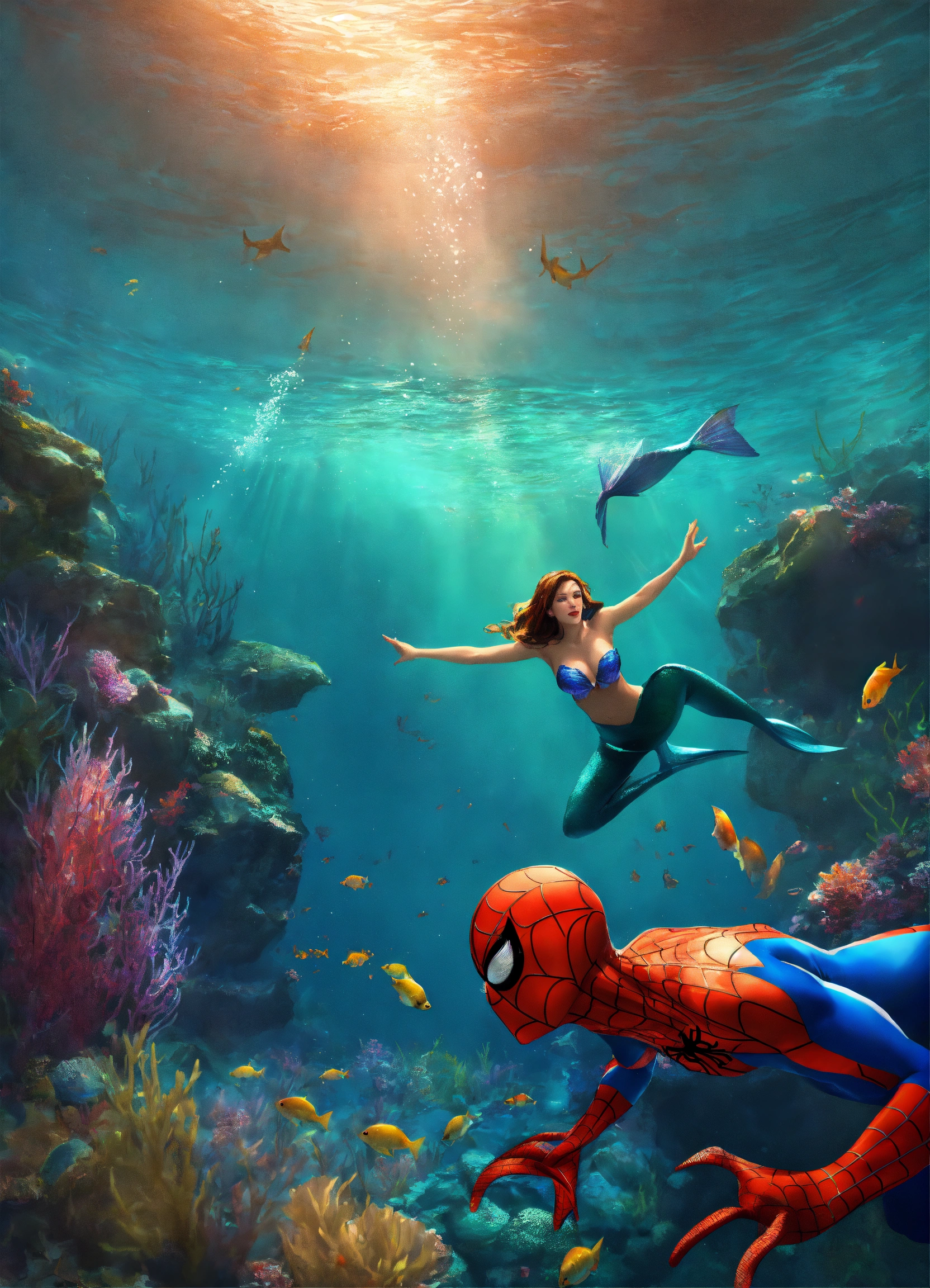 Lexica - Spiderman with a beautiful mermaid in underwater, 2D render ...