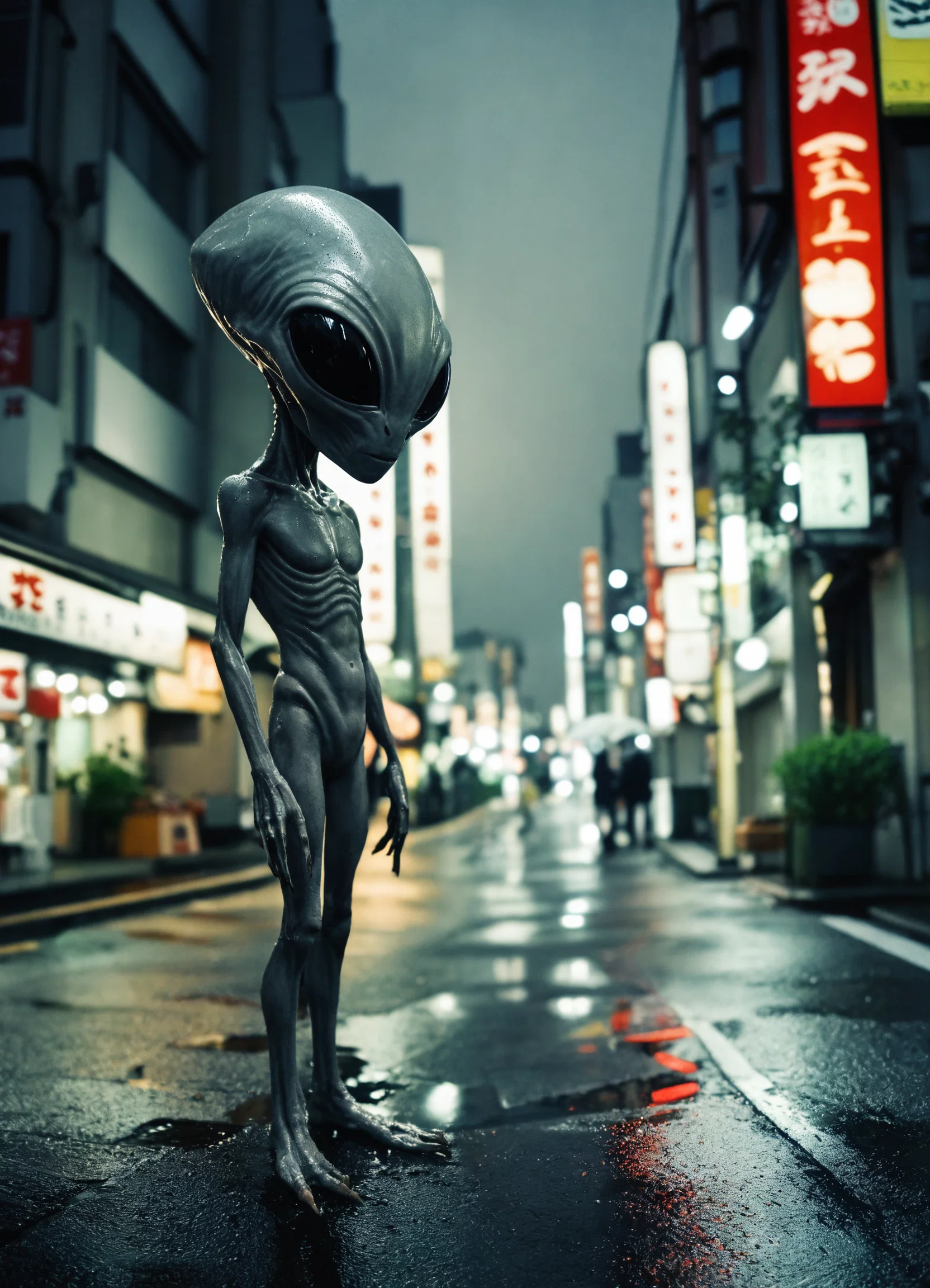 Lexica - Very cute, realistic grey alien standing in the street of ...