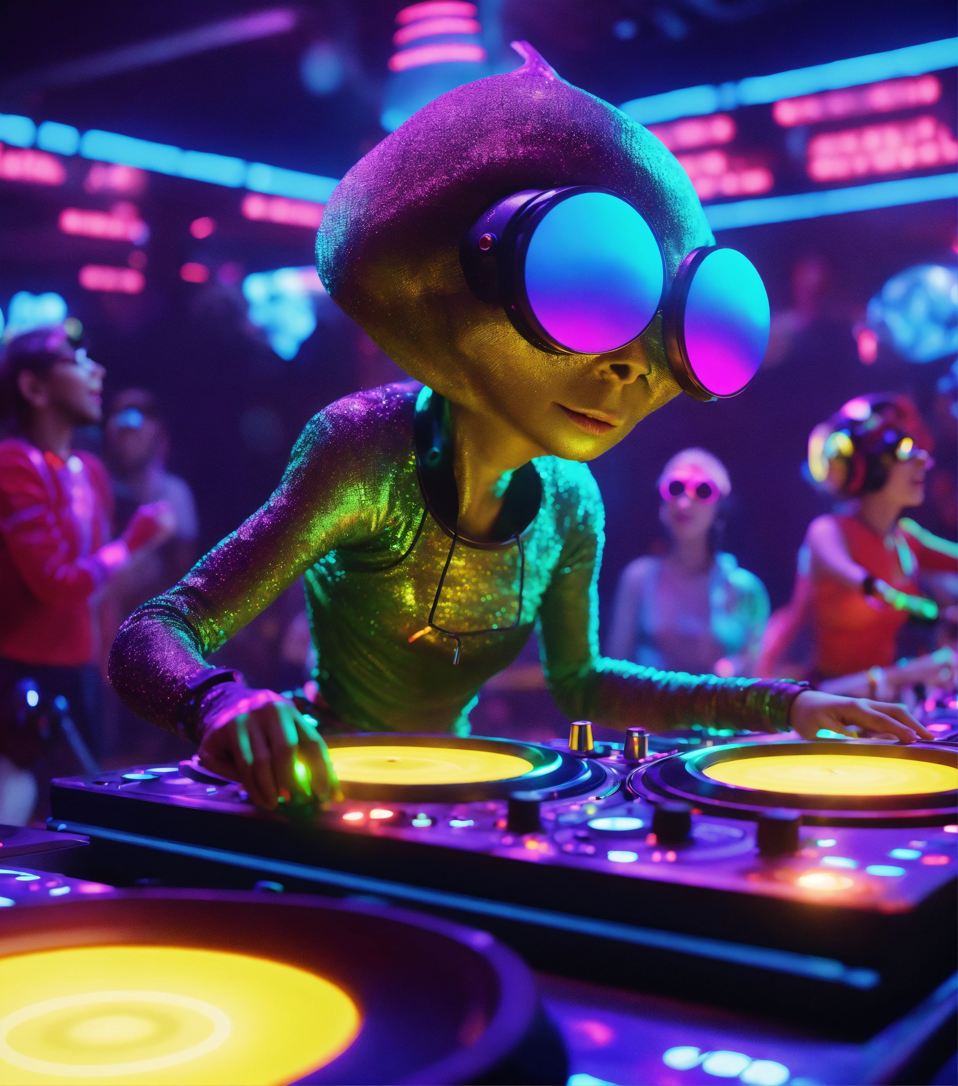 Lexica - Zoom out on quirky alien DJ with cool big stellar shades ...