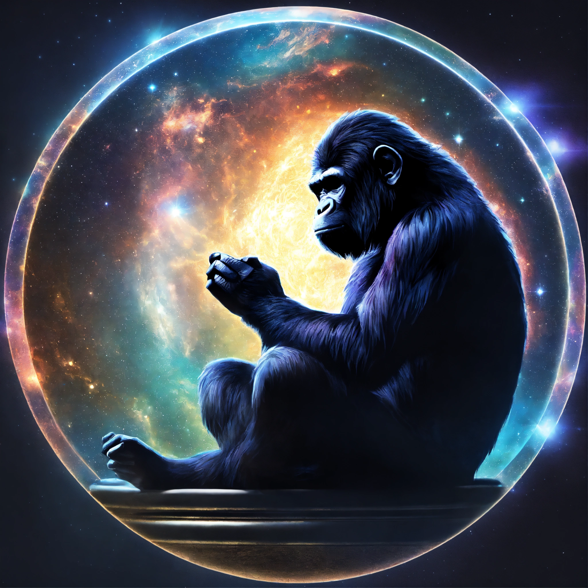 Lexica - Apes praying to a human god in space, in circle image ...