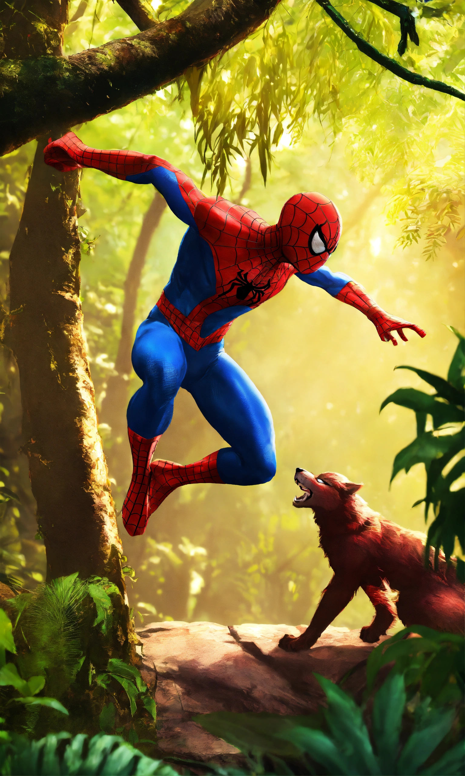 Lexica - Spiderman fighting with a wolf in the jungle, nature ...