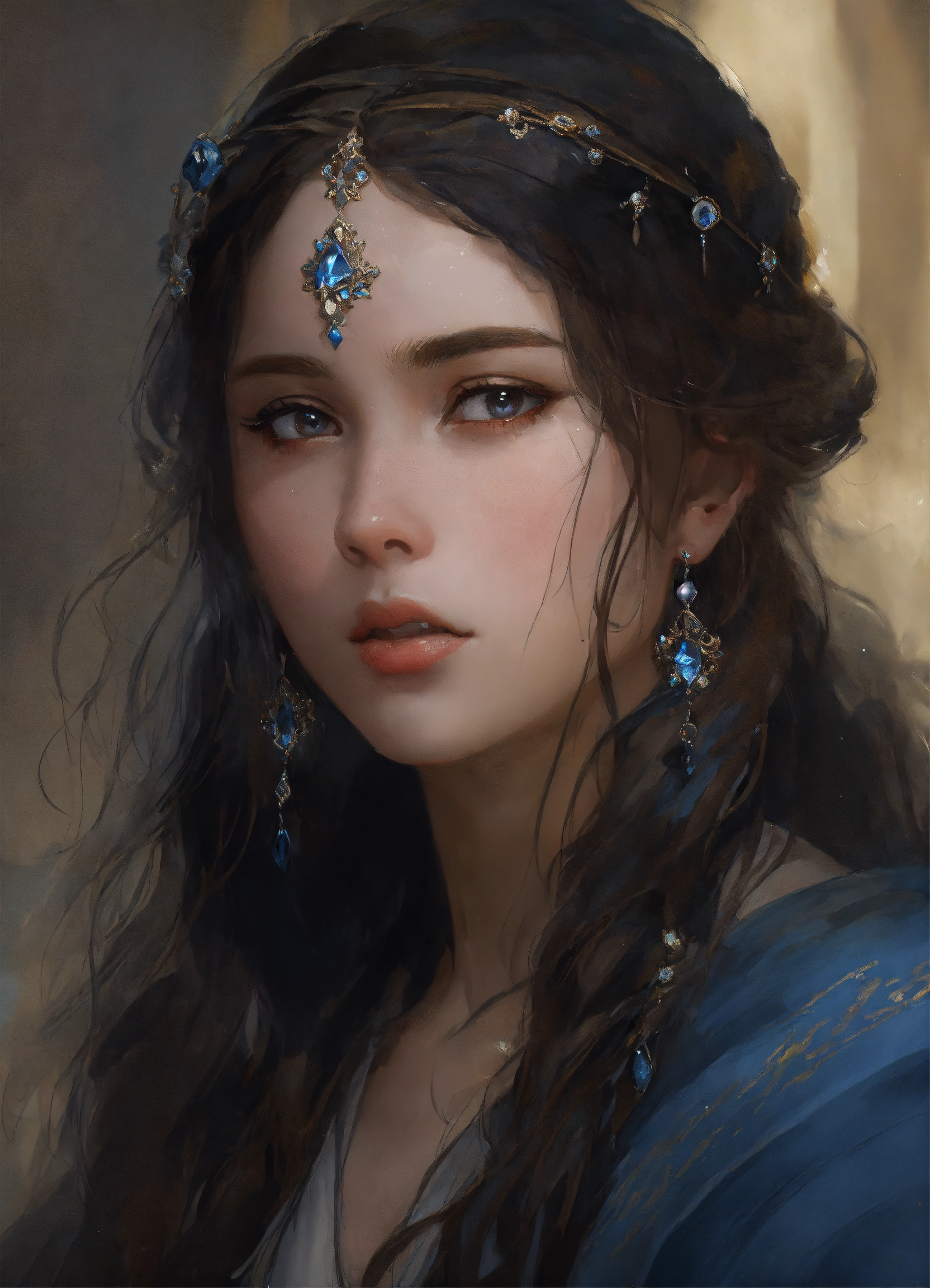 Lexica - Young peasant girl, with sapphire studs, dark long styled ...