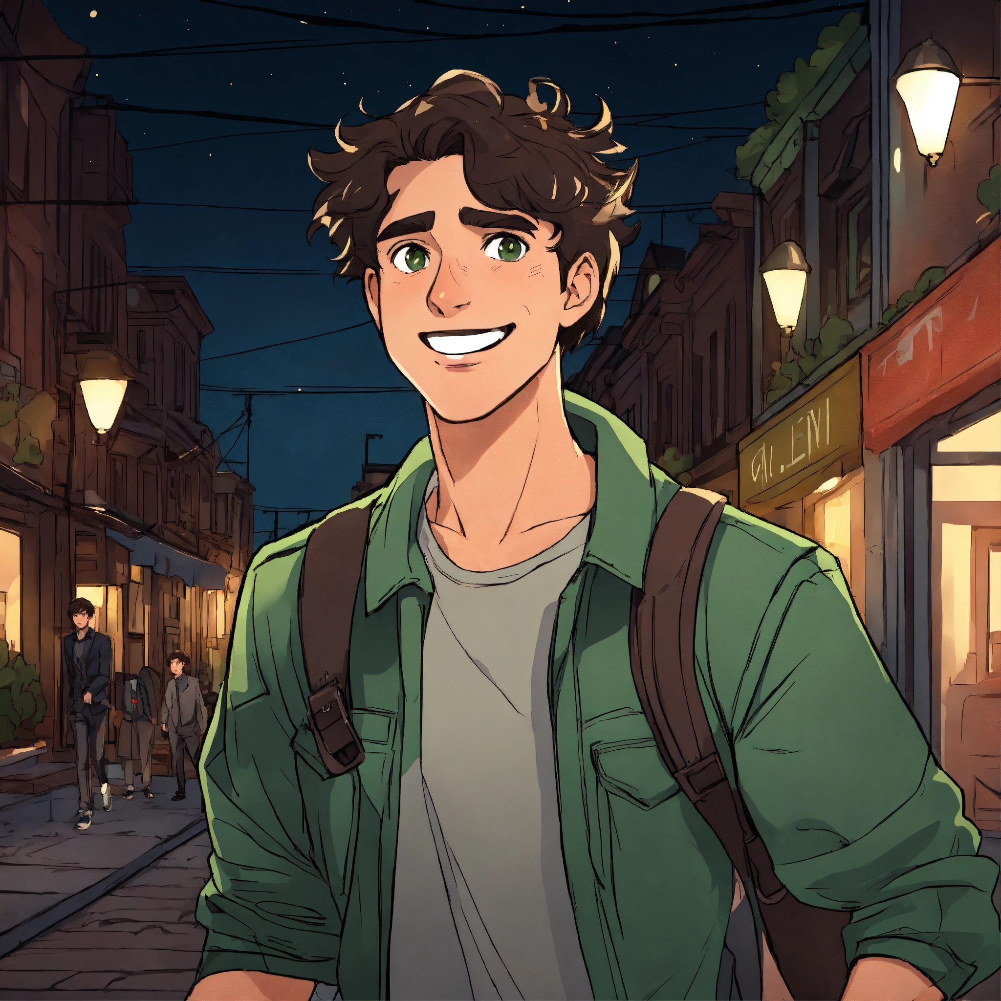 Lexica - Young man with dark brown hair with a parting, gray green eyes ...