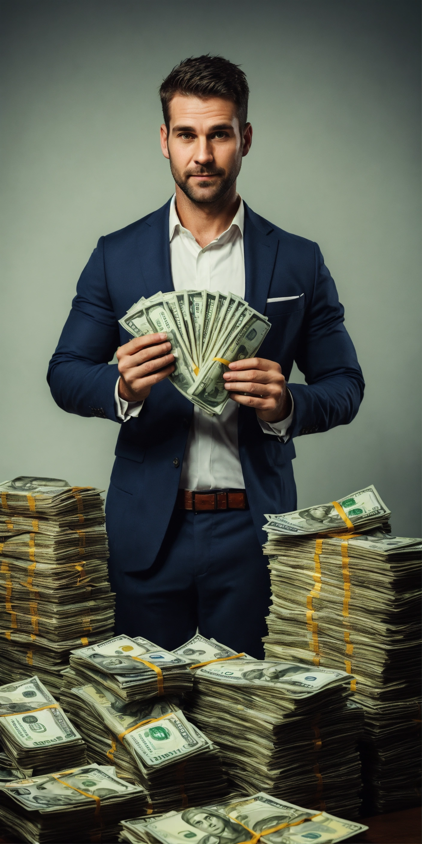 Lexica - A guy in his 30s is holding a big pile of cash dollars. The ...