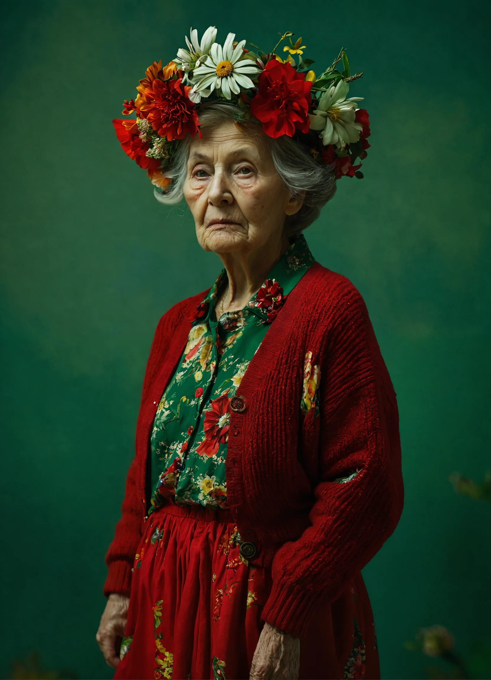 Lexica - A full body studio portrait of an old lady wearing a red skirt ...