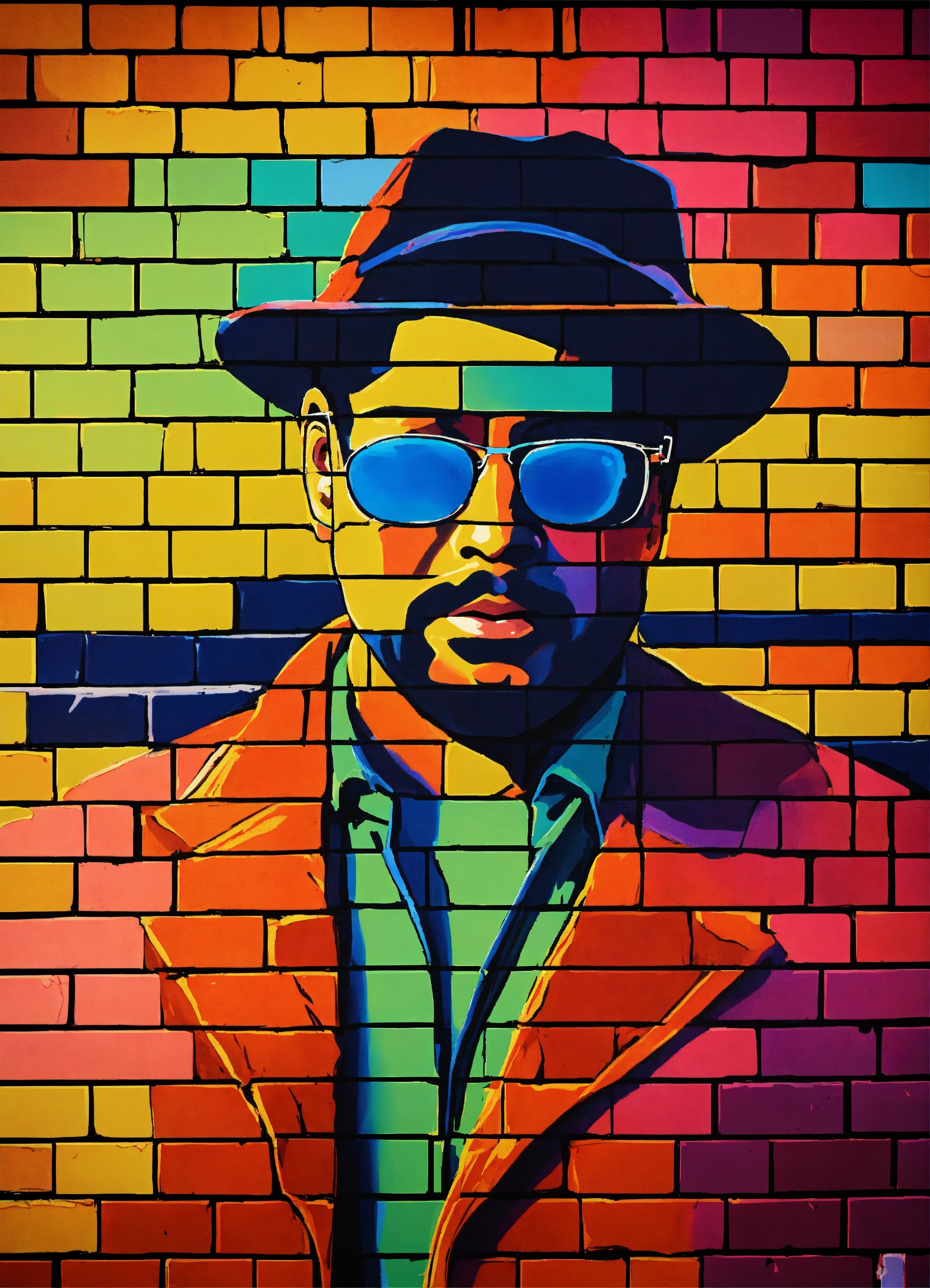 Lexica - Imagine a man painted on a brick wall. This man is in several ...