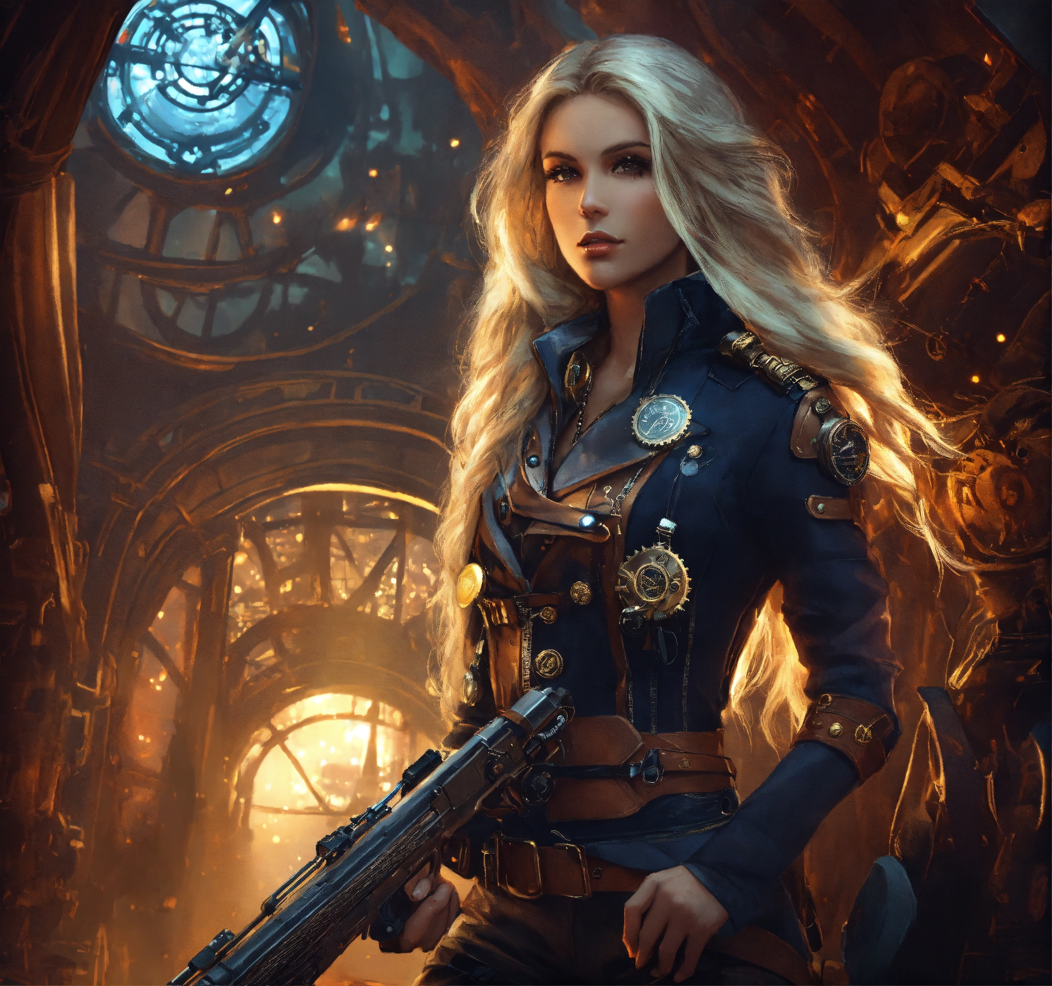 Lexica - A female sniper with long blond hair in a Farwest Steampunk outfit in a dark fantasy ...