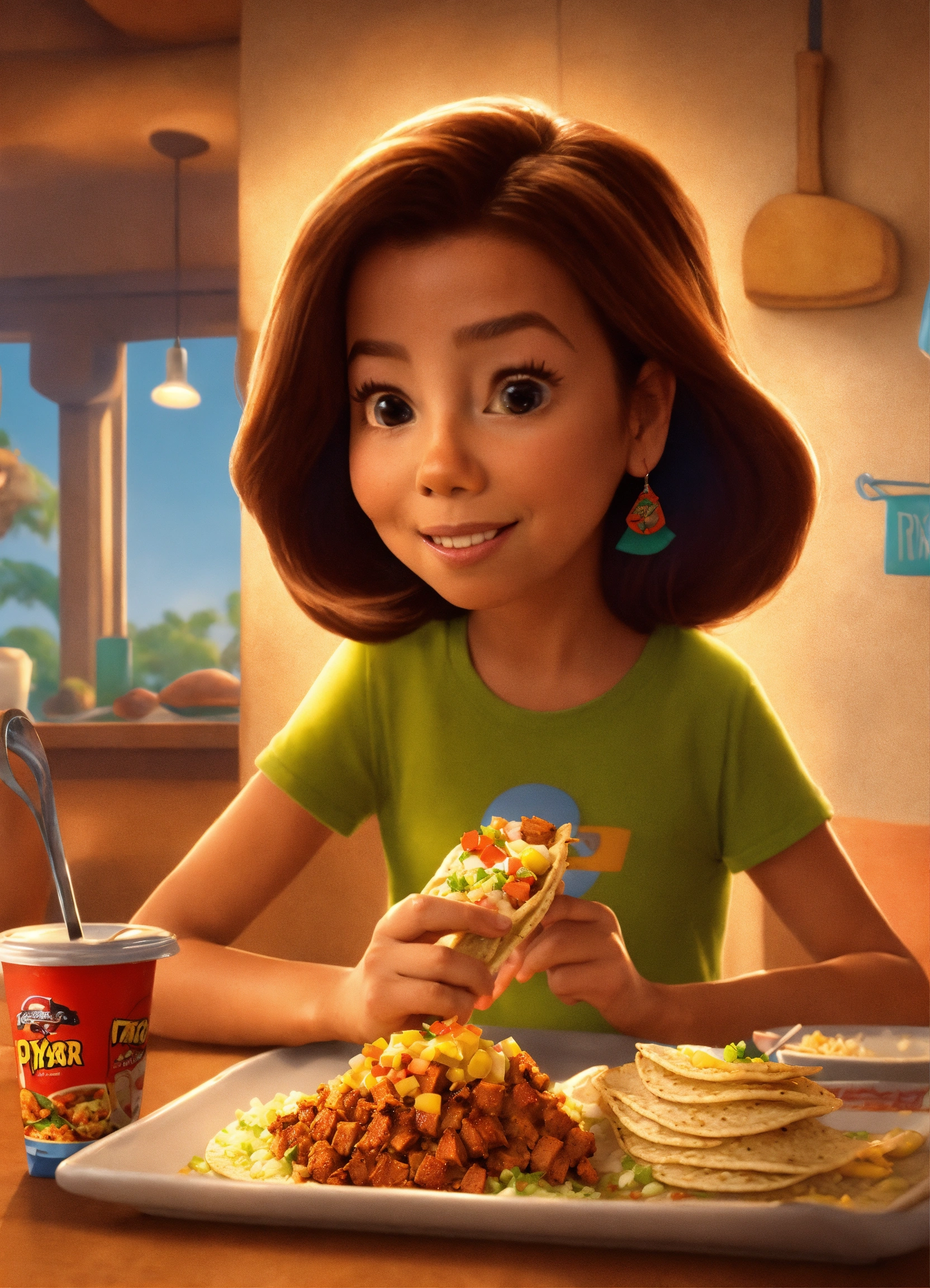 Lexica - Pixar animation of 8 year old eva longoria eating tacos al ...