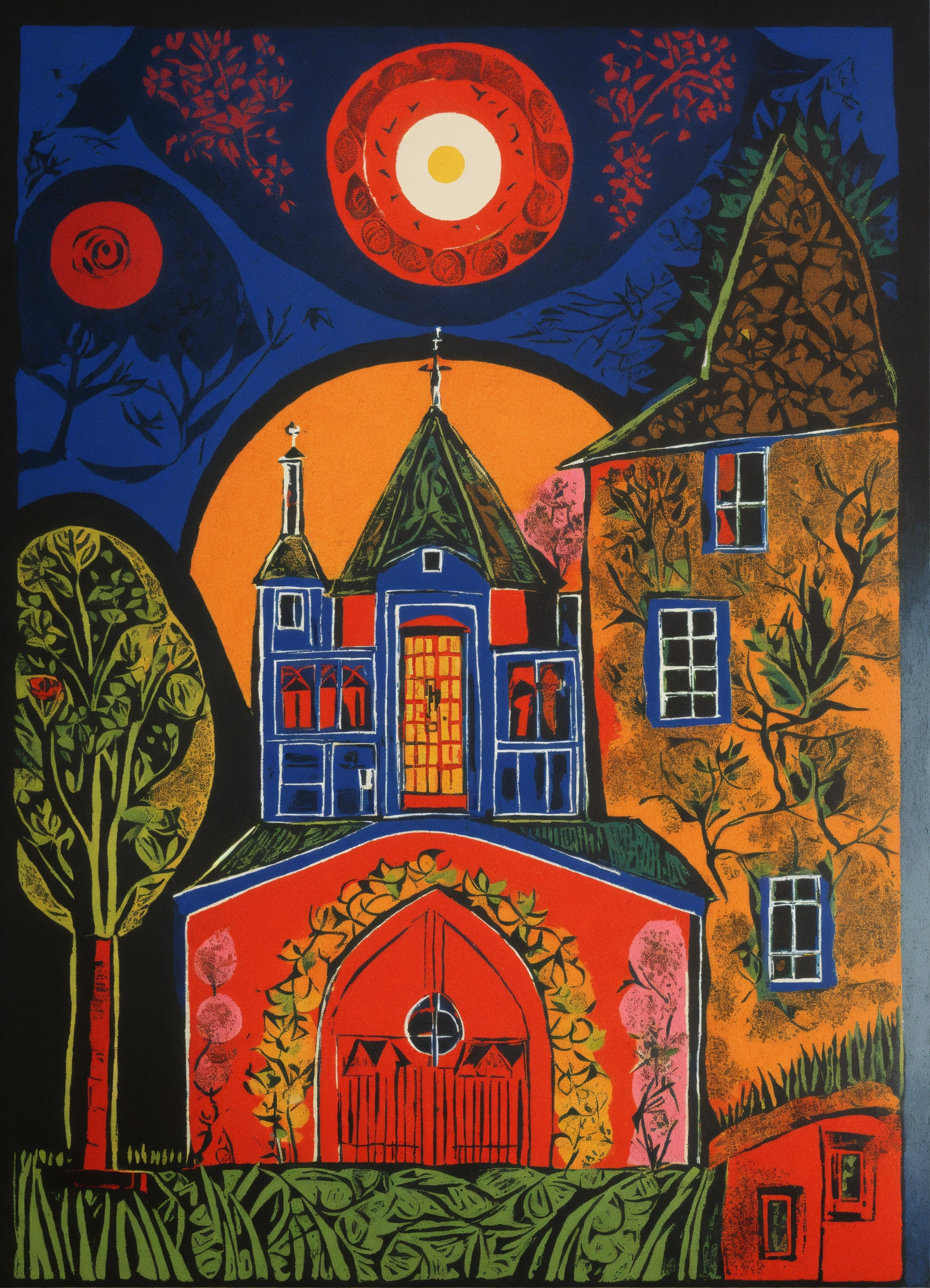 Lexica - Linocut, folk art style inspired by marc chagall