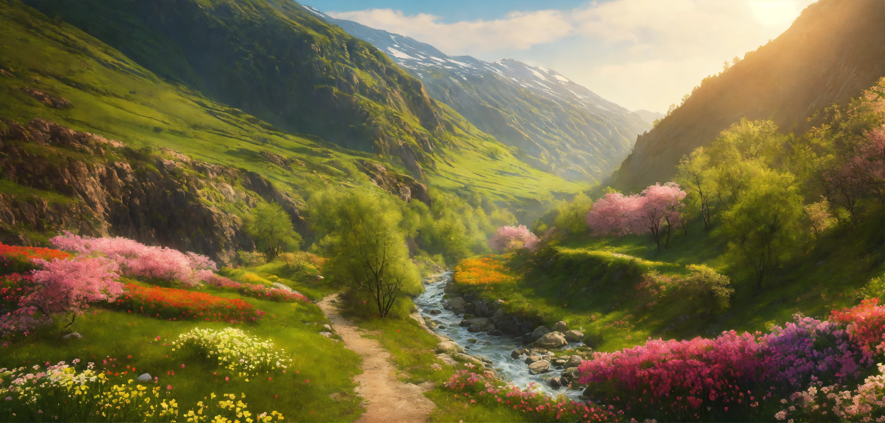 Lexica - A serene and majestic spring landscape view into a deep valley ...