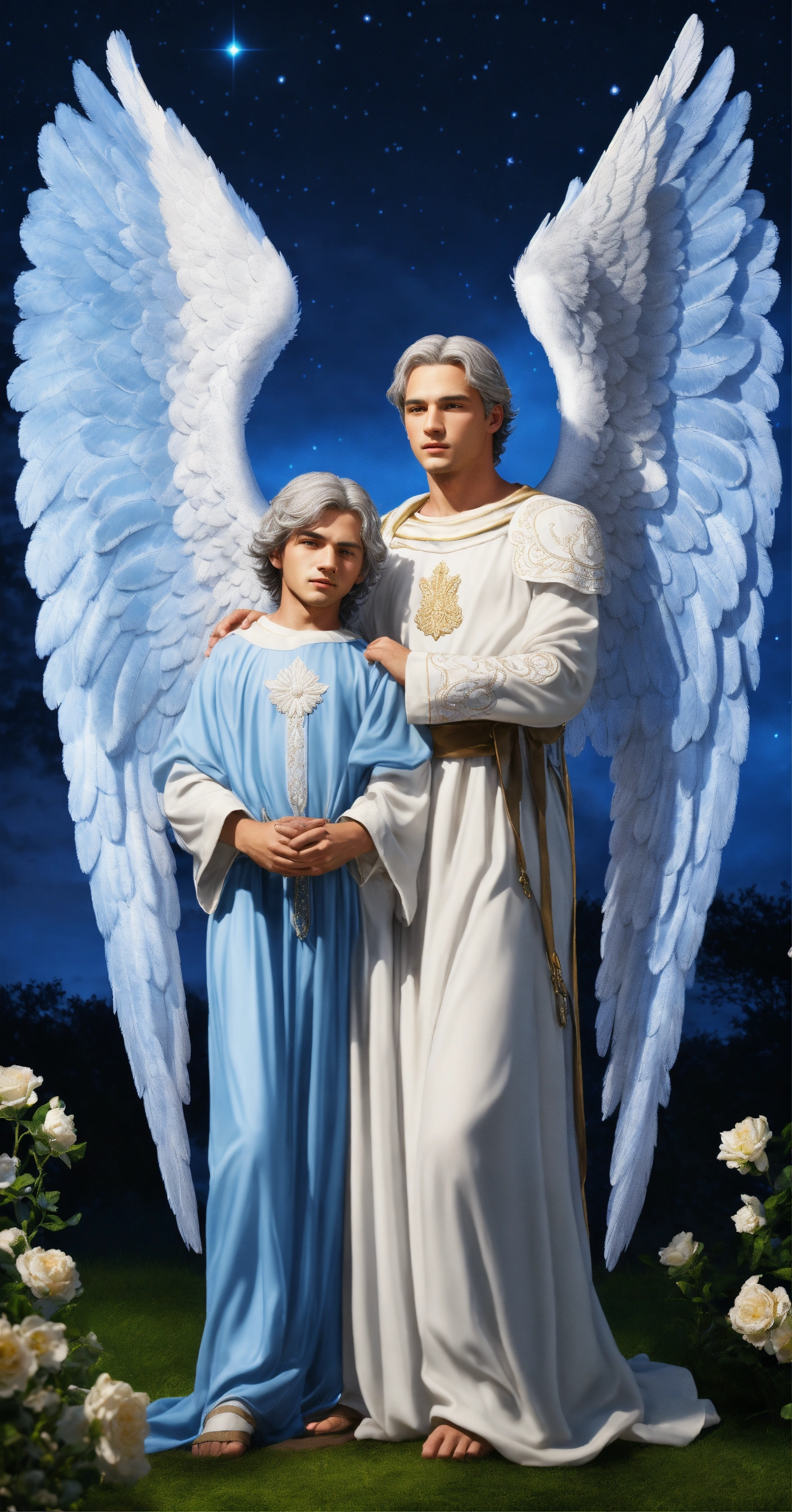Lexica - 2 male guardian angels with detailed and luminous blue angel wings. 1 30-year-old male ...