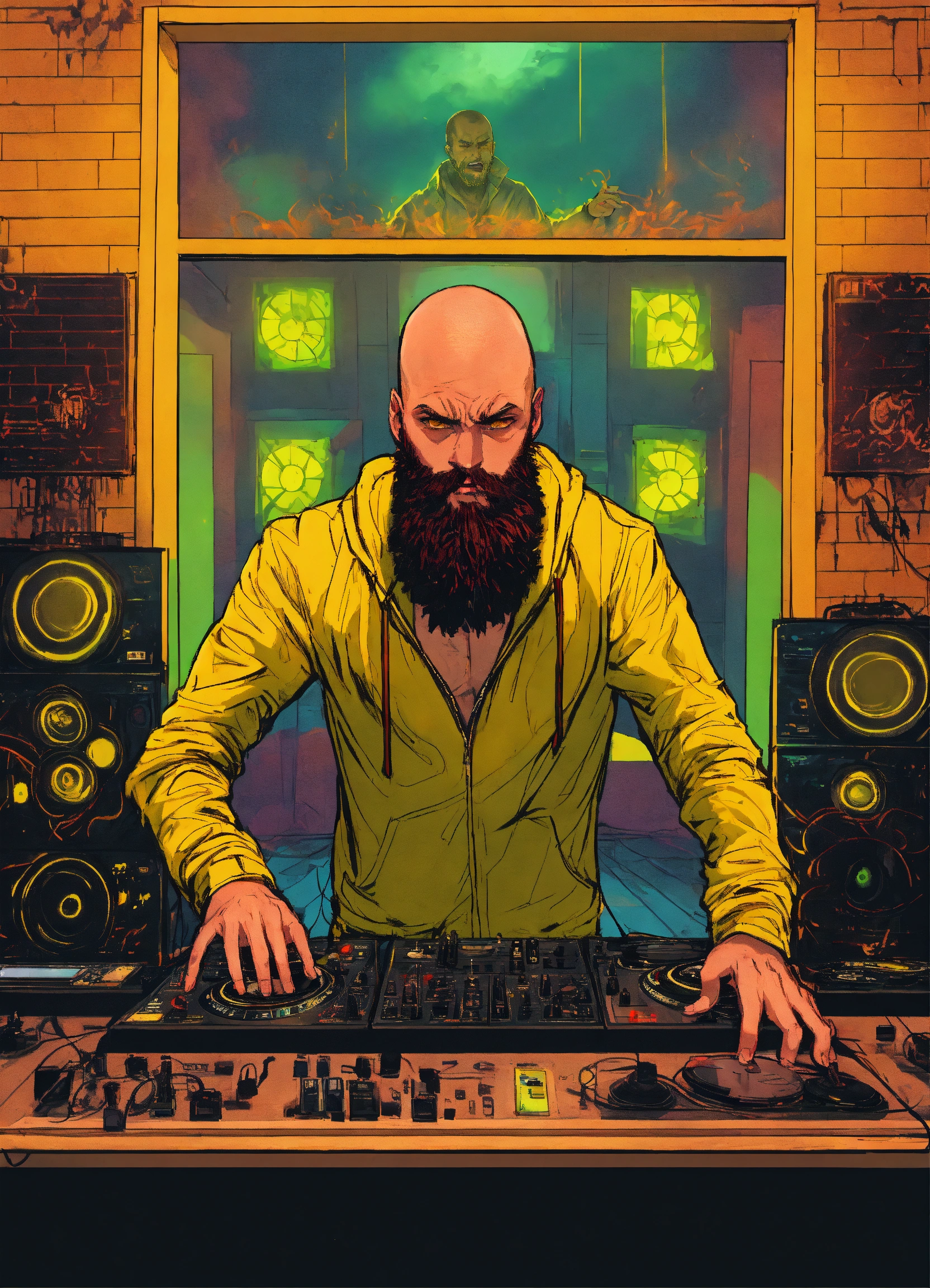 Lexica - A young bald man with beard possessed by the devil. yellow ...