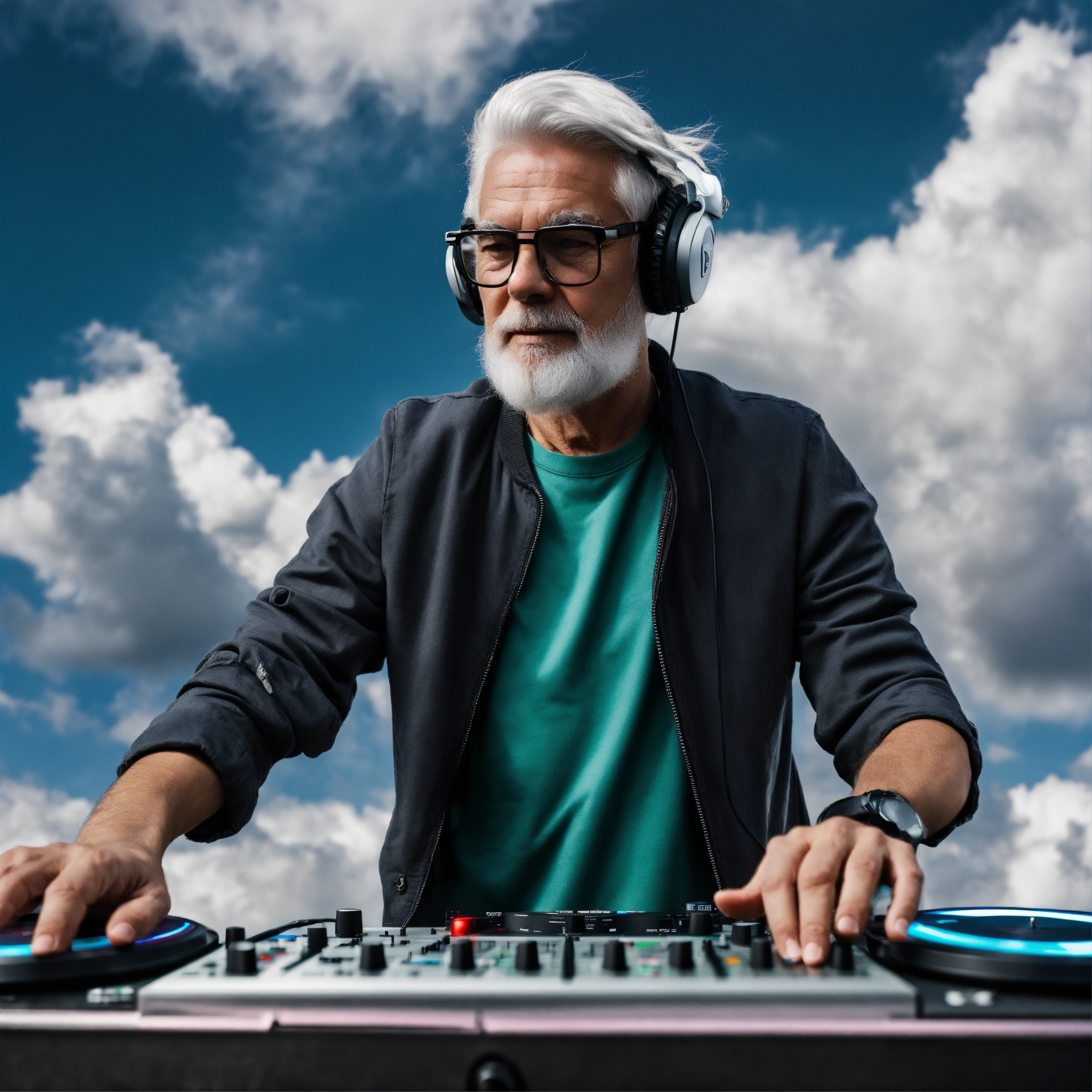 Lexica - White gray haired DJ, with glasses, plays in the clouds