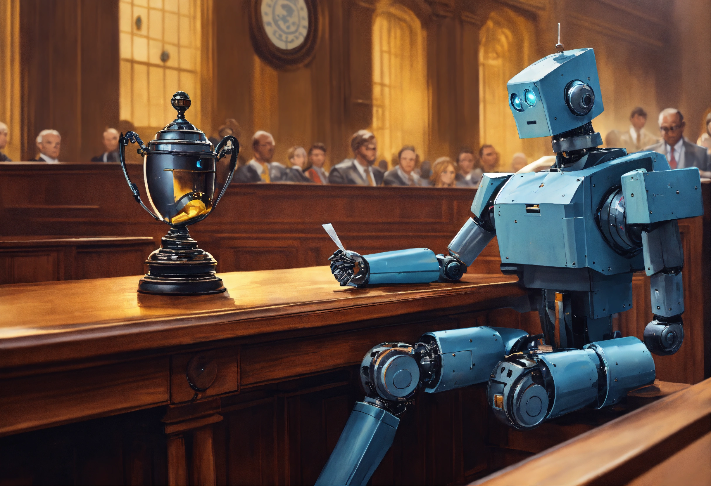 Lexica - Create an image of a robot judge with a gavel at a court bench ...