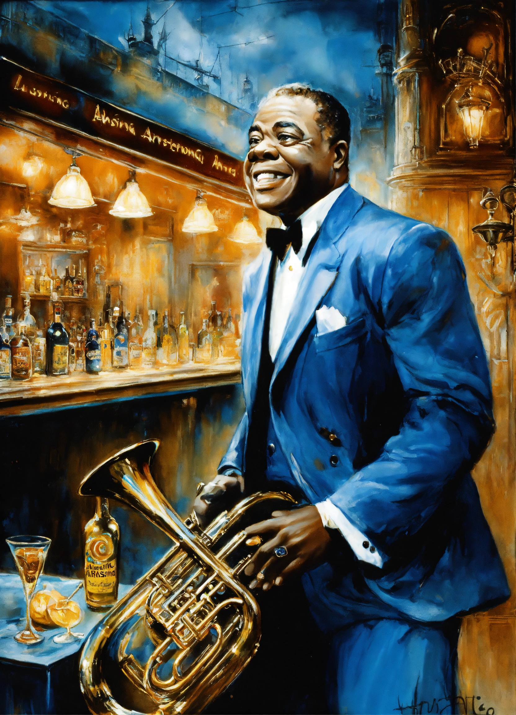 Lexica - "Louis Armstrong and in the background a bar in with a blue ...
