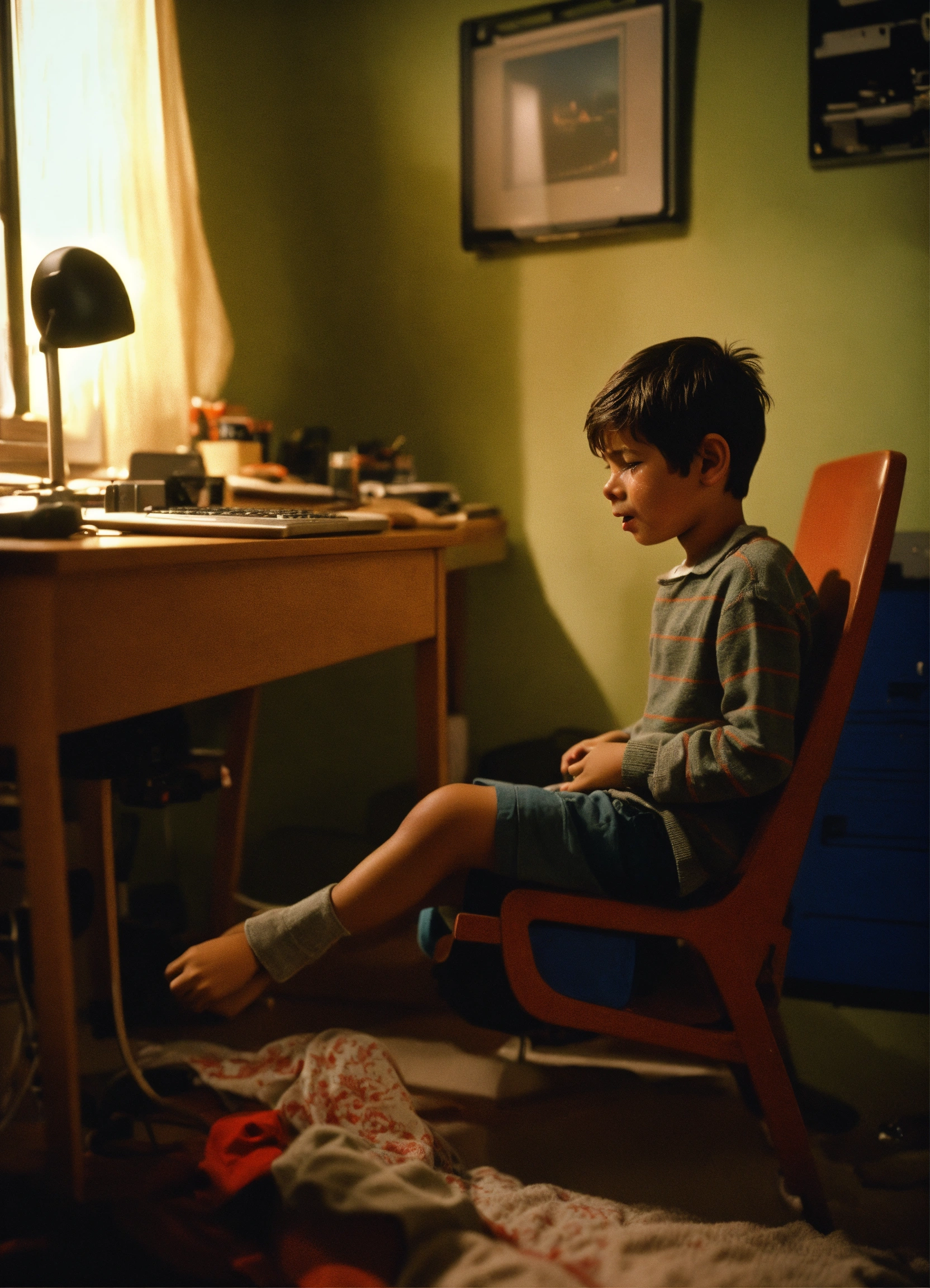Lexica - A argentine boy sitting in a chair in front of a computer in ...