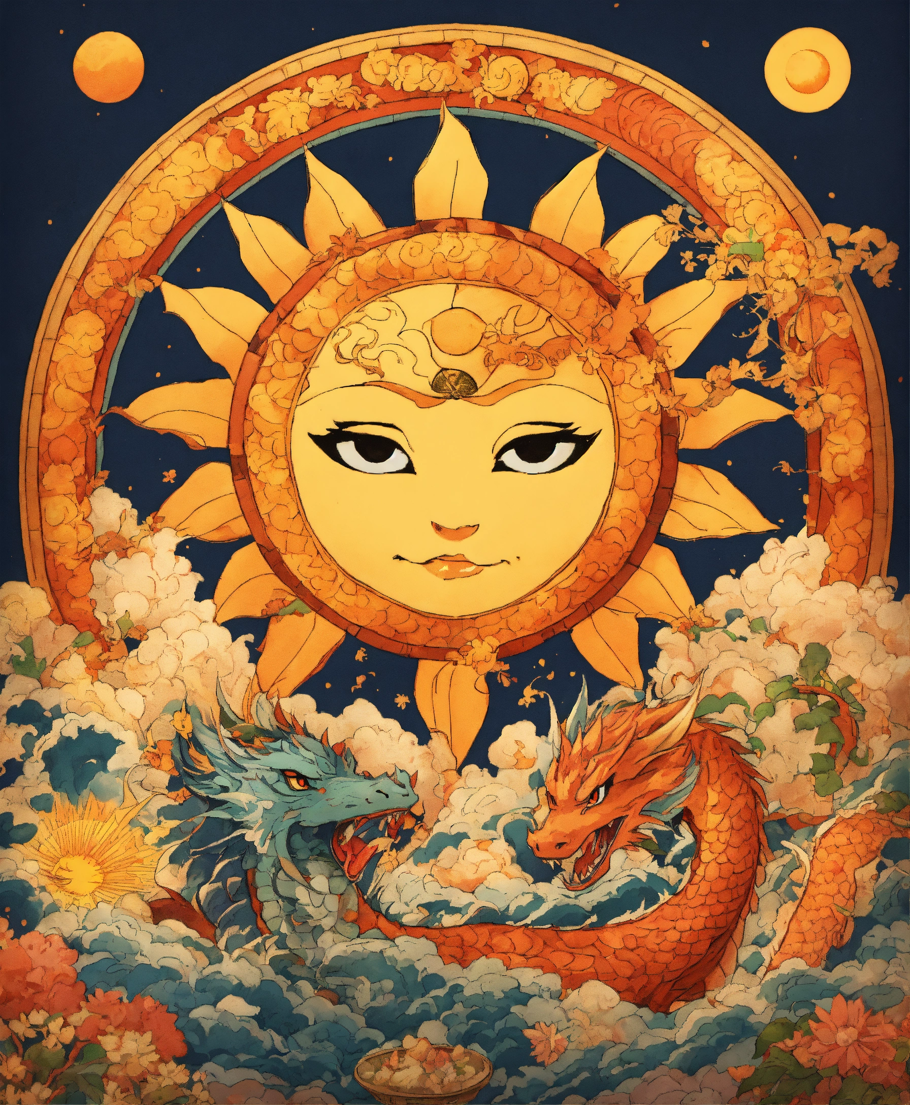 Lexica - Vintage Anime cartoon sun with dragon surrounding it.