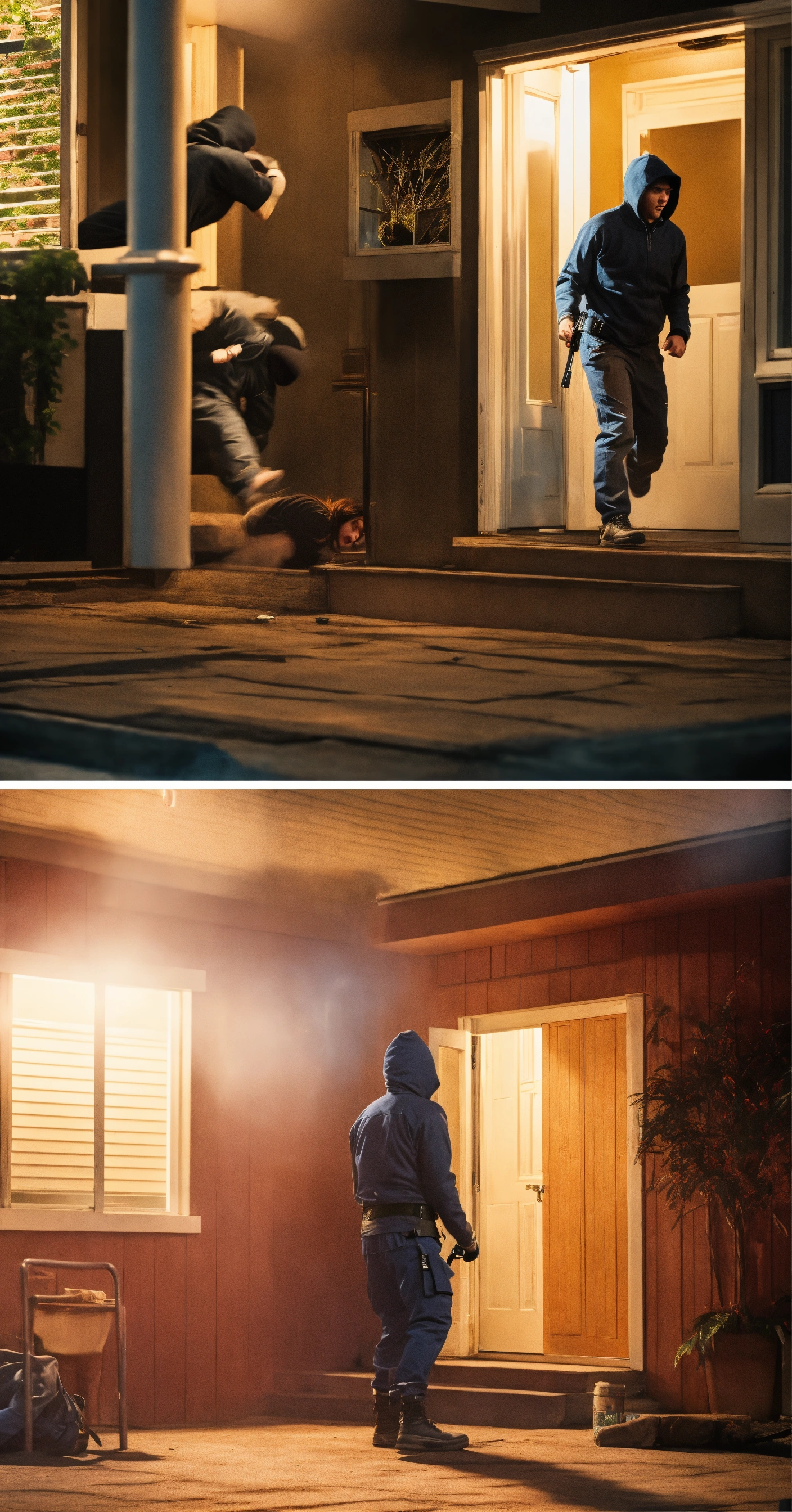 Lexica - A story collage of a house burglar about to rob a woman ...