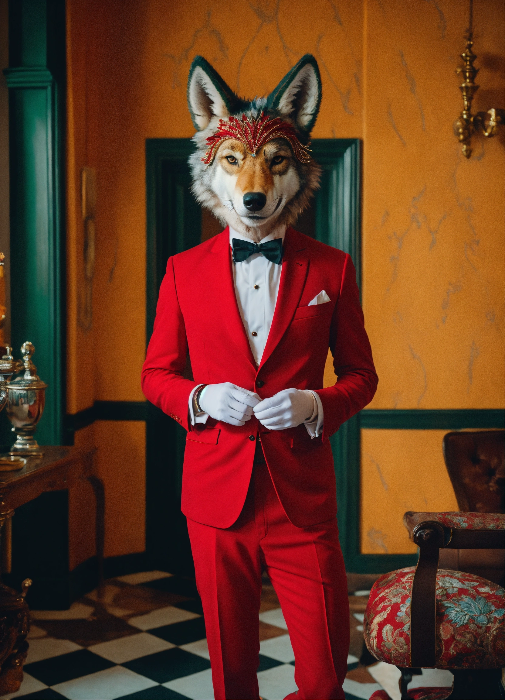 Lexica - Award - Winning Cinematic Still of wolf-Headed butler posing ...