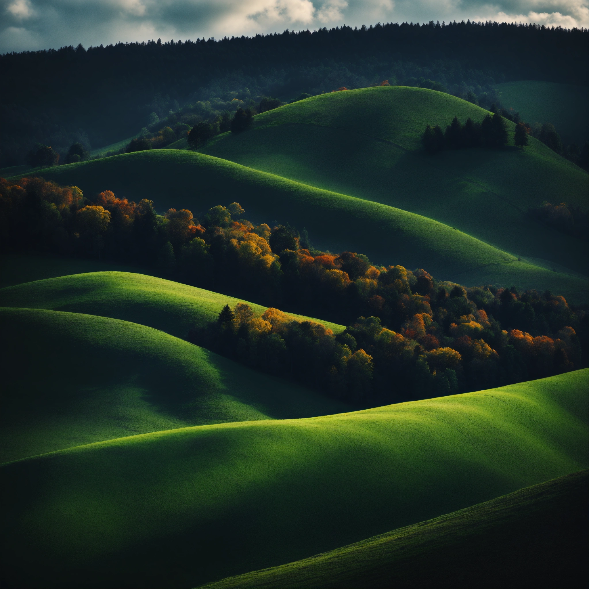 Lexica - Wallpaper abstract rolling hills with trees and a forest dark ...