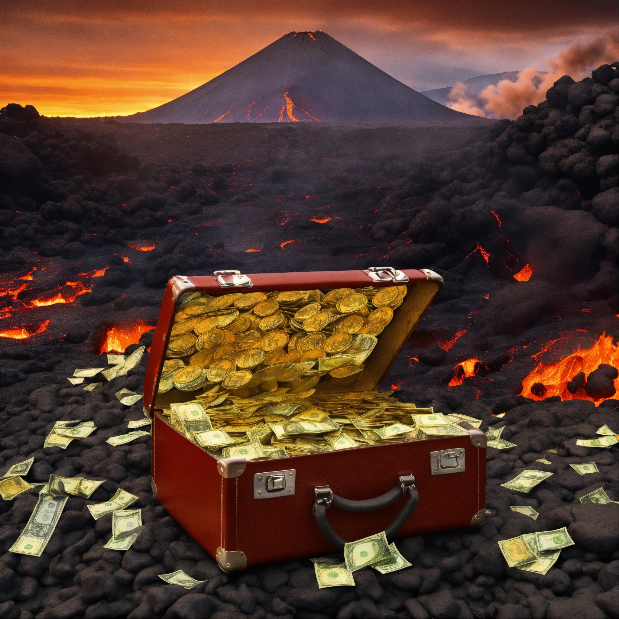 Lexica - A suitcase full of money lies in the lava of a volcano.
