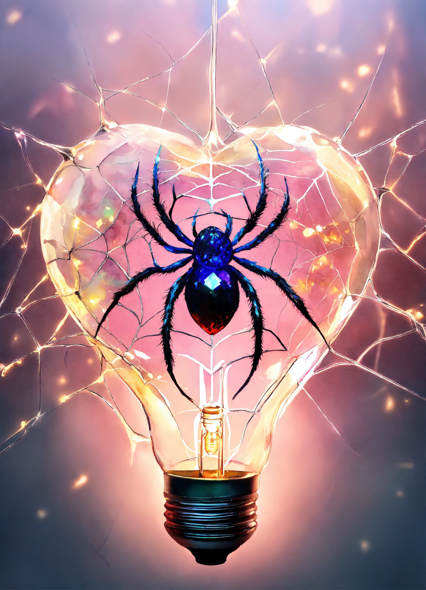 Lexica - Pastel light pink Spiderweb inside, edison lightbulb heart ...