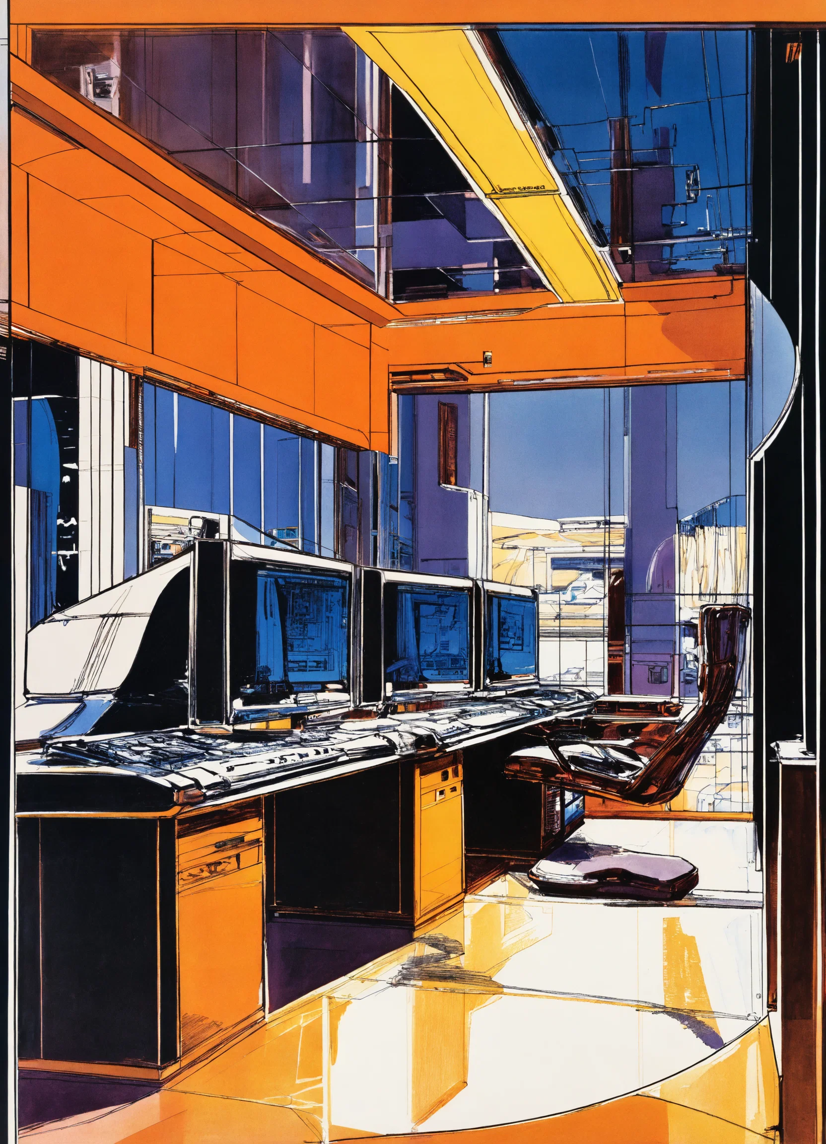Lexica - A computer room designed by Syd Mead, pen illustration, colored