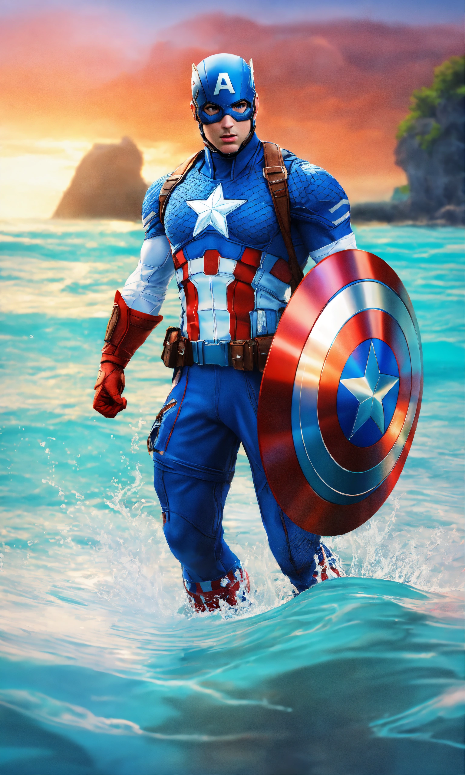Lexica - Captain America swimming on the seaside full-body, colorful ...