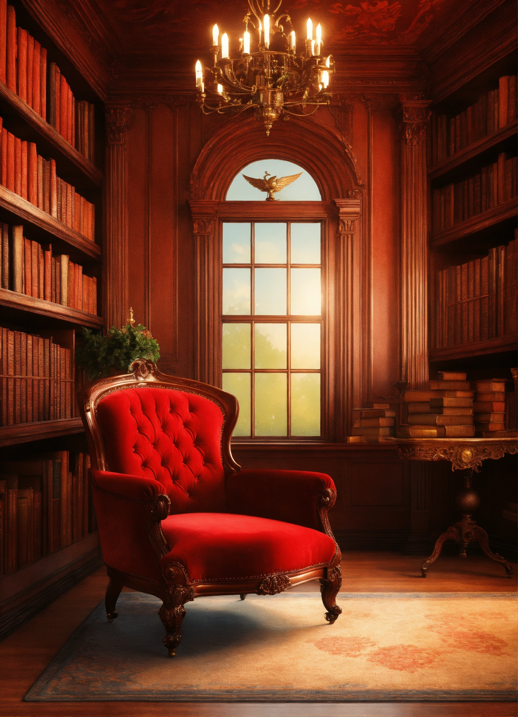 Lexica - Red velvet victorian chair in an Elegant victorian library ...