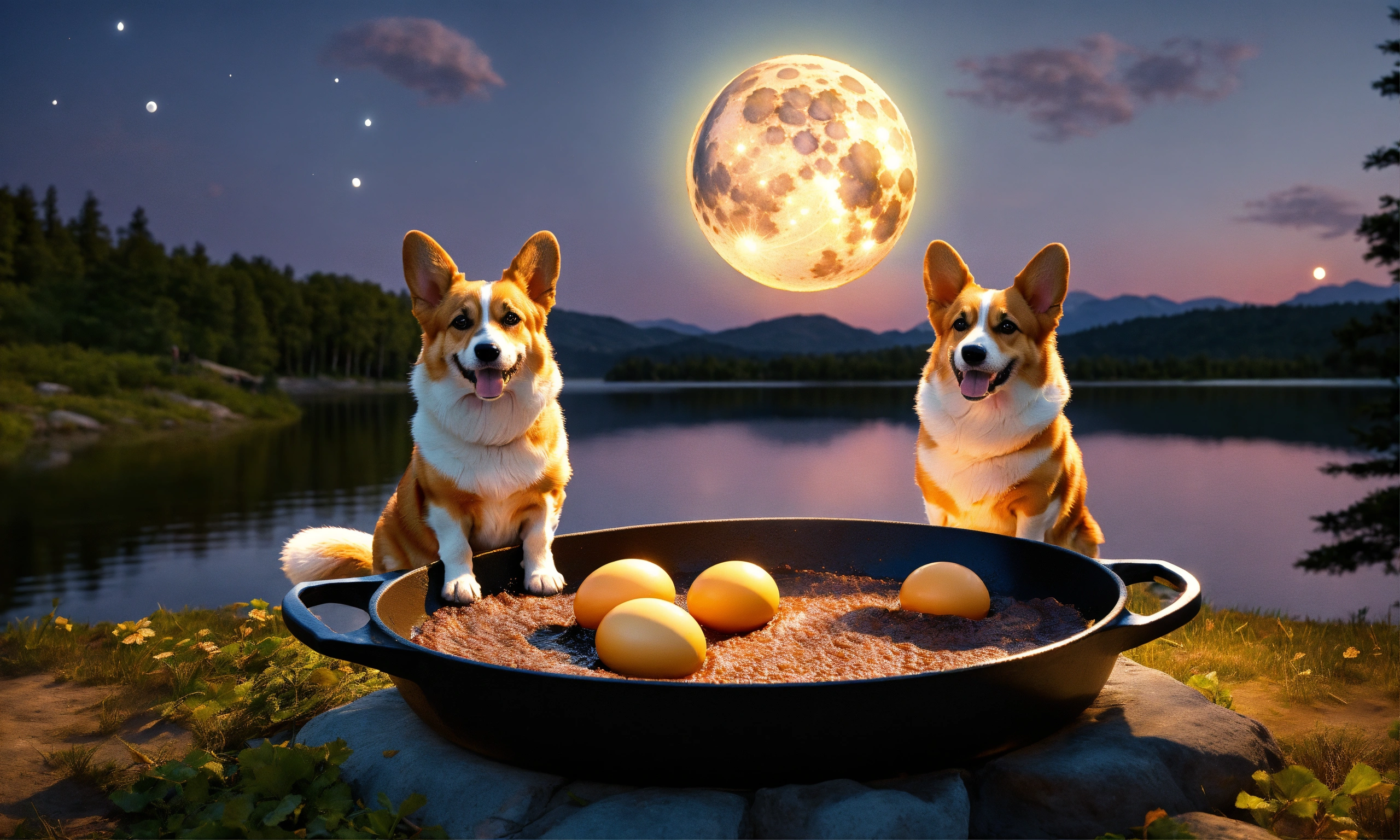 Lexica - 3D image of 2 corgi dogs frying a giant egg in a giant cast ...