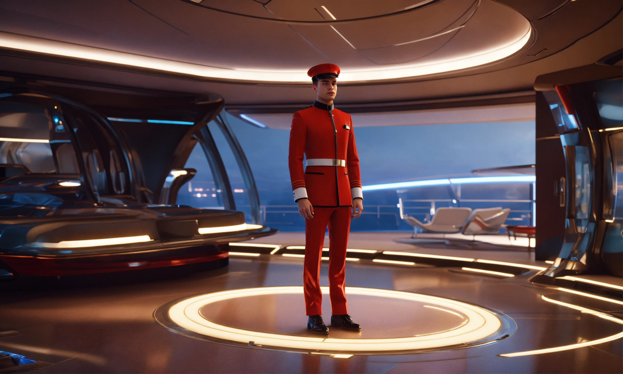 Lexica - A young valet with futuristic bellhop uniform offers to dock ...