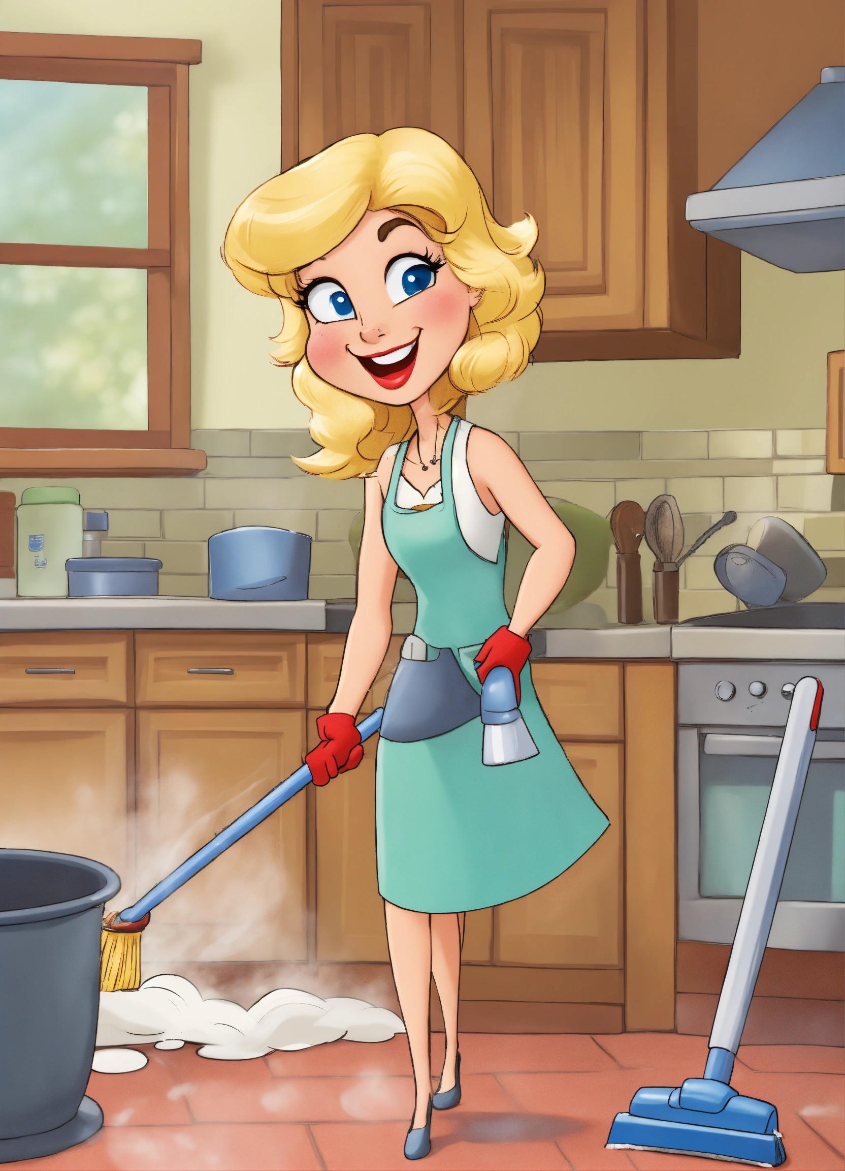 Lexica - Cartoon lady cleaning, dusting, blonde, winking
