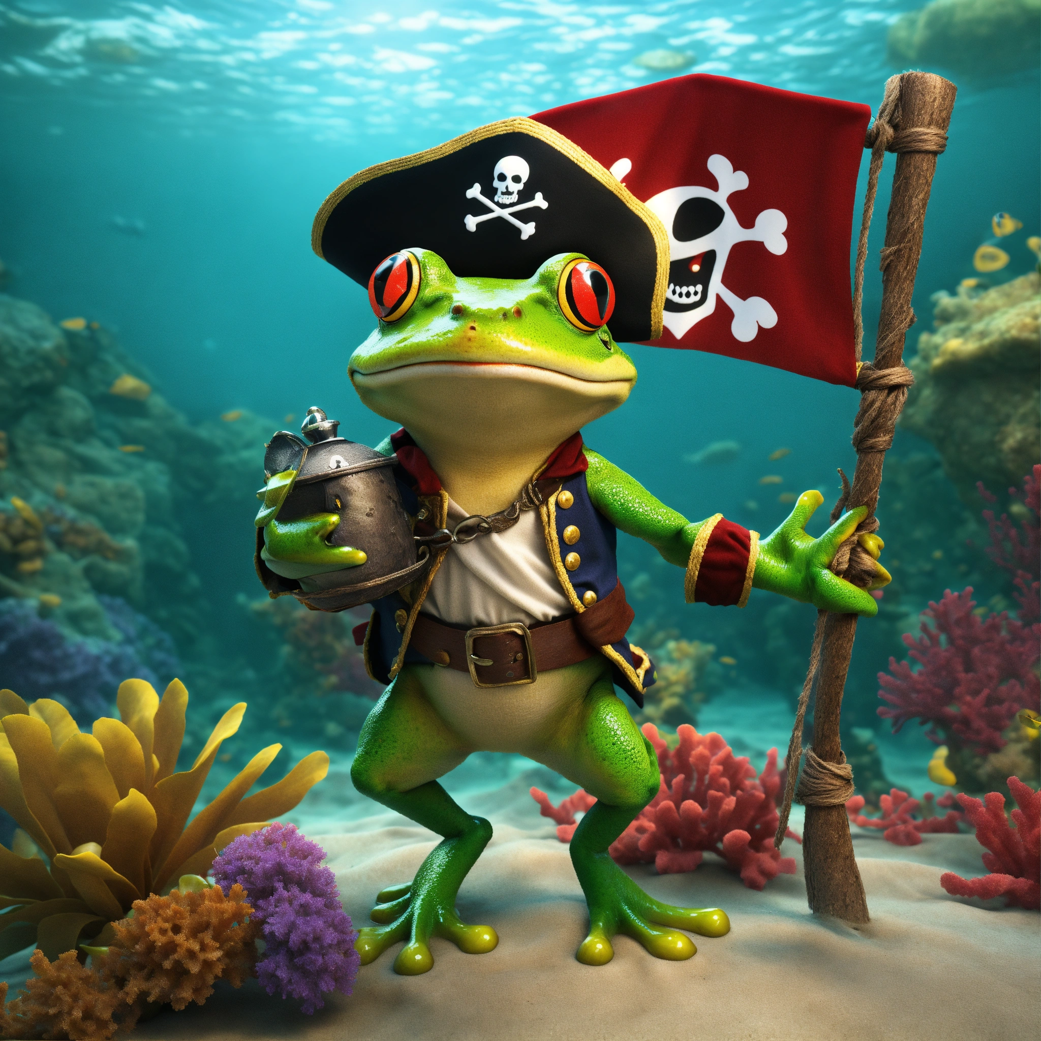 Lexica - Pirate frog, wearing a pirate hat, holding a pirate flag ...