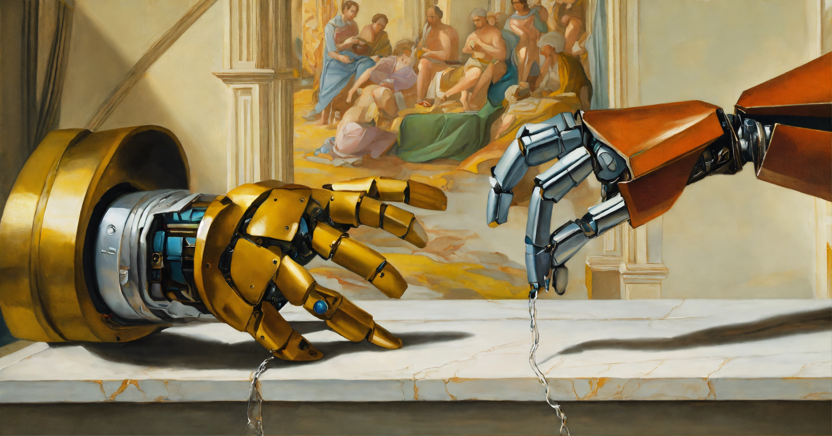 Lexica - A painting of A robot hand connecting to a human hand like the ...