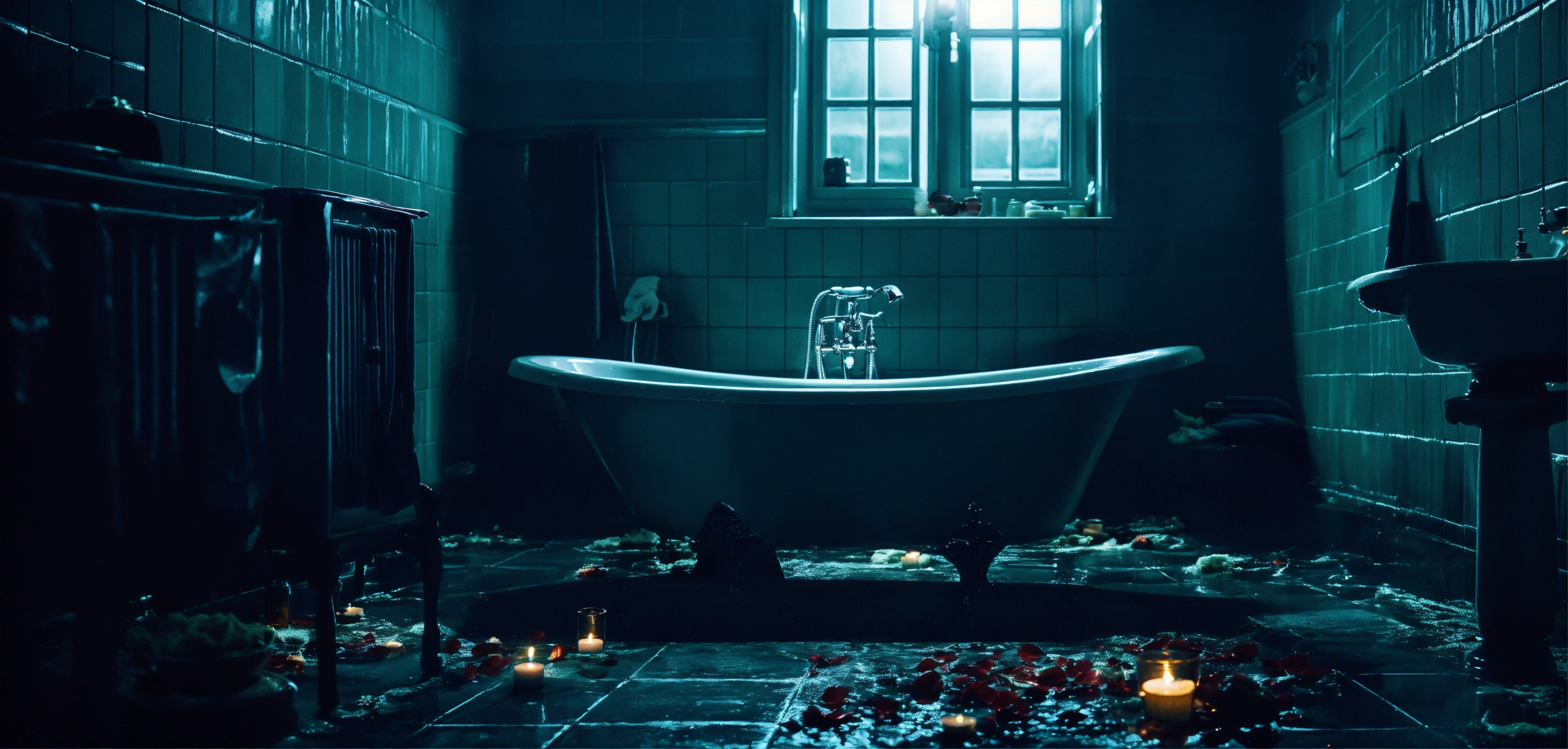 Lexica - Cinematic look, urban dirty bathroom by night bathtub full of ...