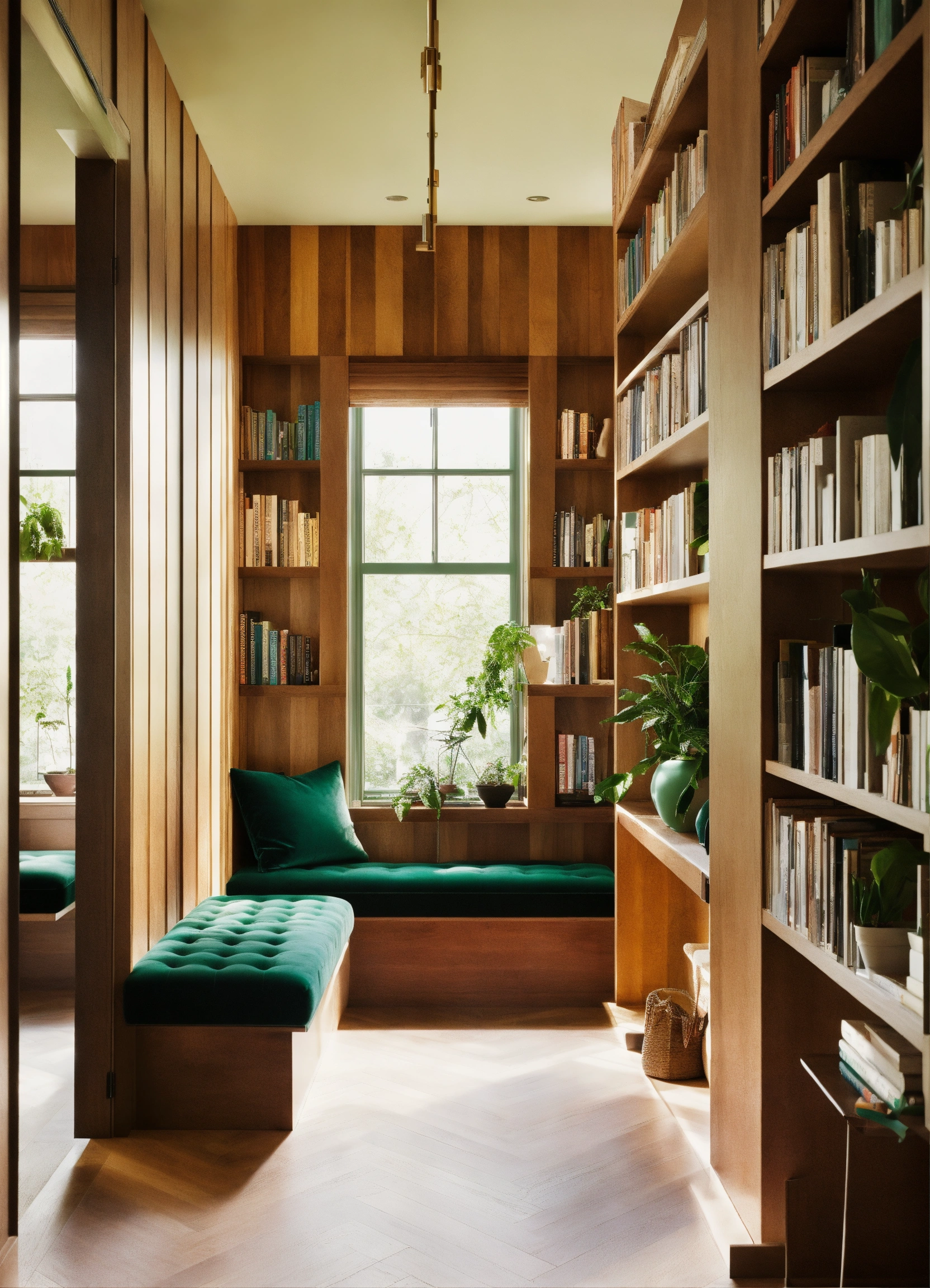 Lexica - A modern reading nook in a long hallway, shelving with books ...