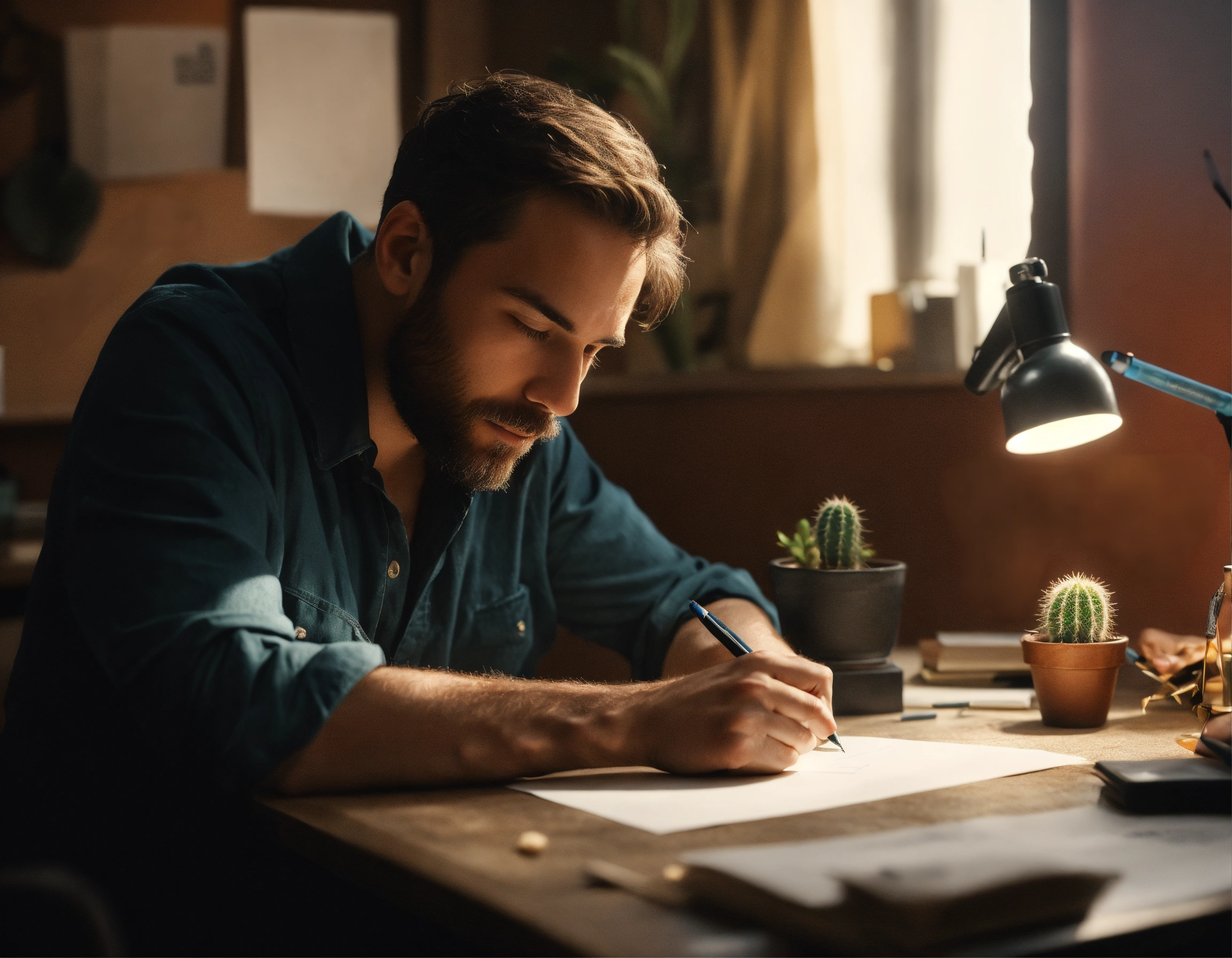 Lexica - The man is a poet, sitting at his desk in his office. He is ...