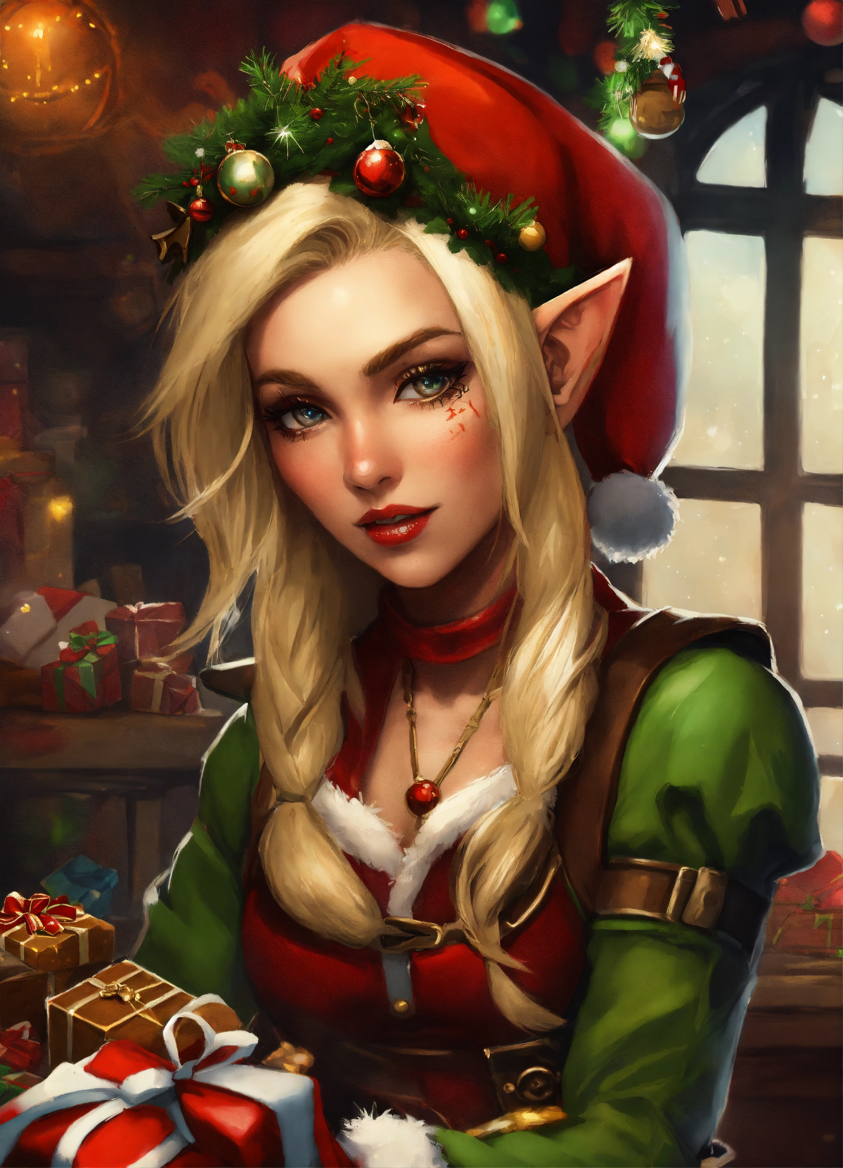 Lexica - Christmas elf, blonde hair, female, pointy ears, tattooed ...