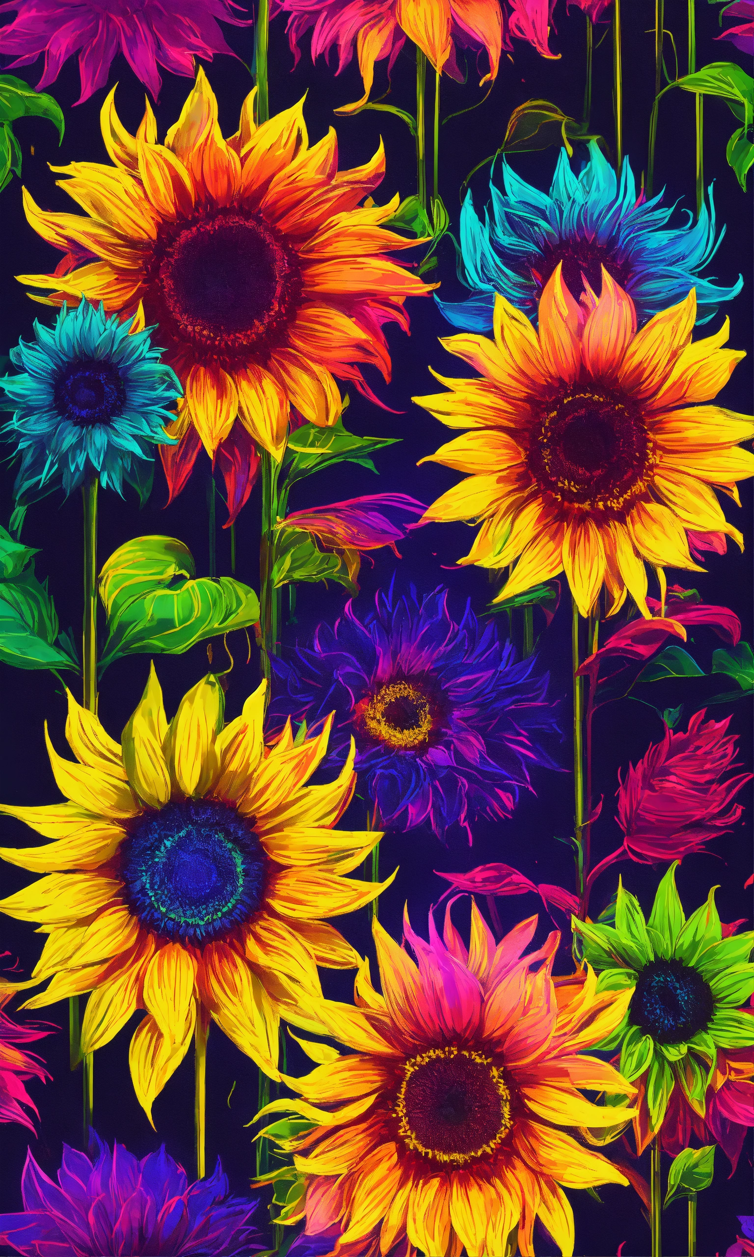 Lexica - Abstract multi colored neon sunflowers, glowing, bright